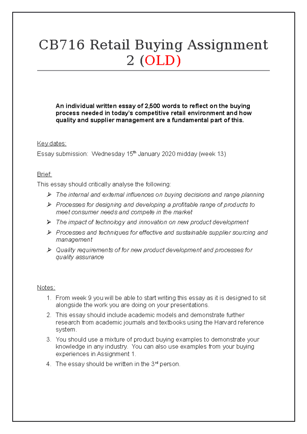Assignment brief - CB716 Retail Buying Assignment 2 (OLD) An individual ...