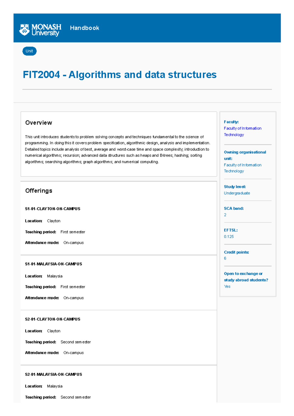 FIT2004 - Algorithms and data structures - Monash University - Handbook Unit FIT2004 ...