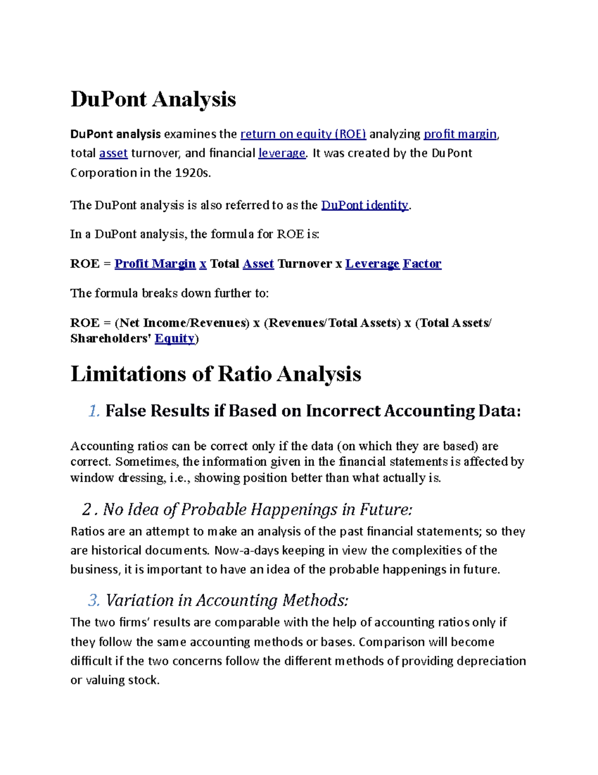 Du Pont Analysis - Lecture notes 3 - DuPont Analysis DuPont analysis ...