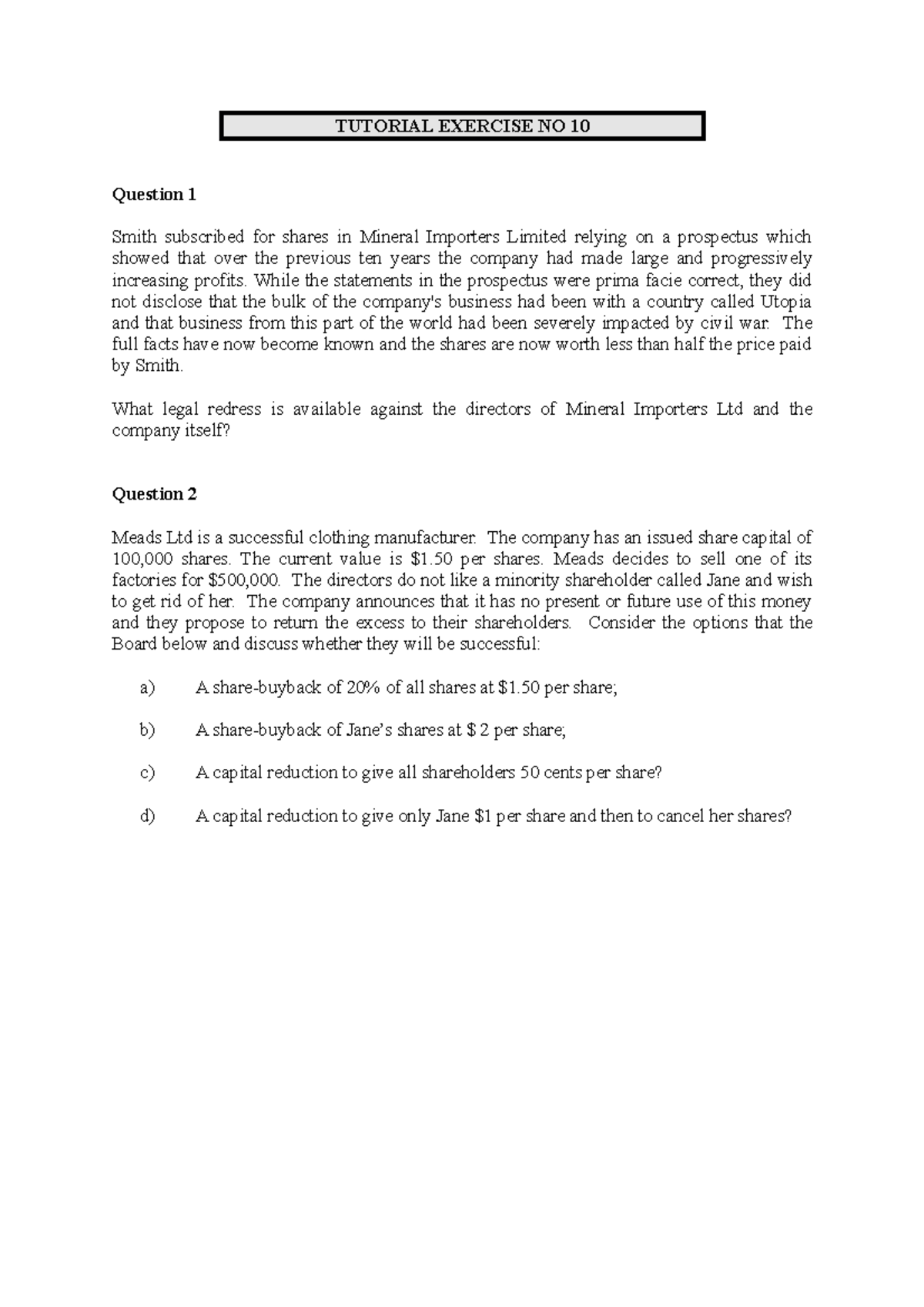 Tutorial Exercise No 10 Tutorial Exercise No 10 Question 1 Smith Subscribed For Shares In