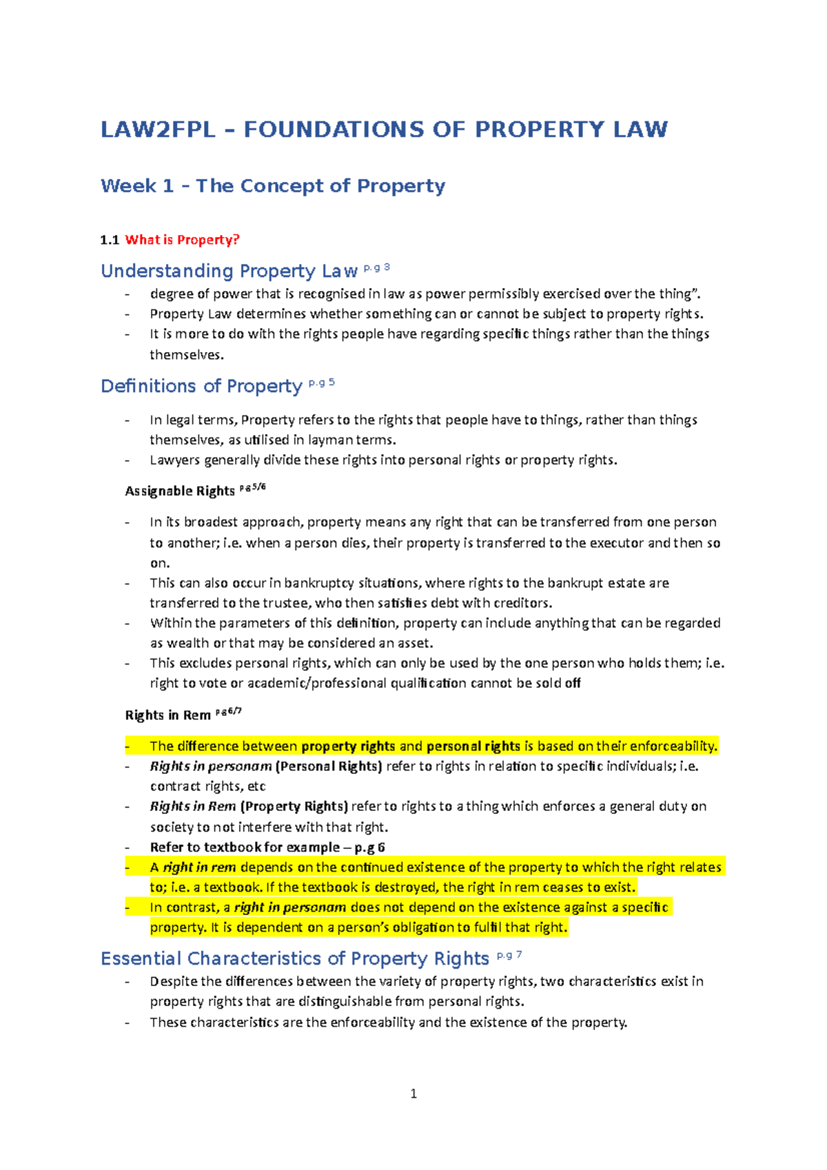 Week 1 Notes - LAW2FPL – FOUNDATIONS OF PROPERTY LAW Week 1 – The ...