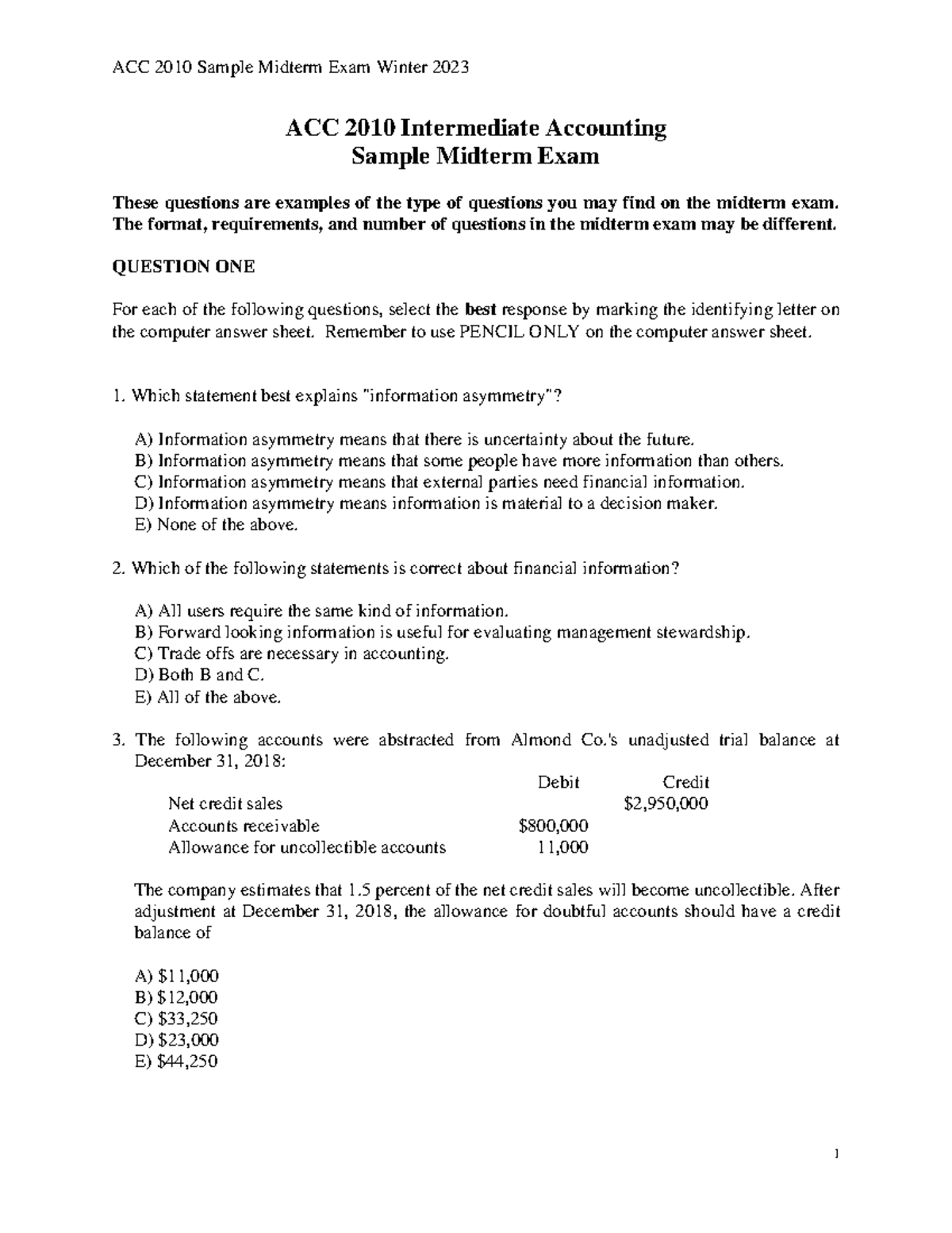 ACC 2010 Sample Midterm Exam - ACC 2010 Intermediate Accounting Sample Midterm Exam These ...