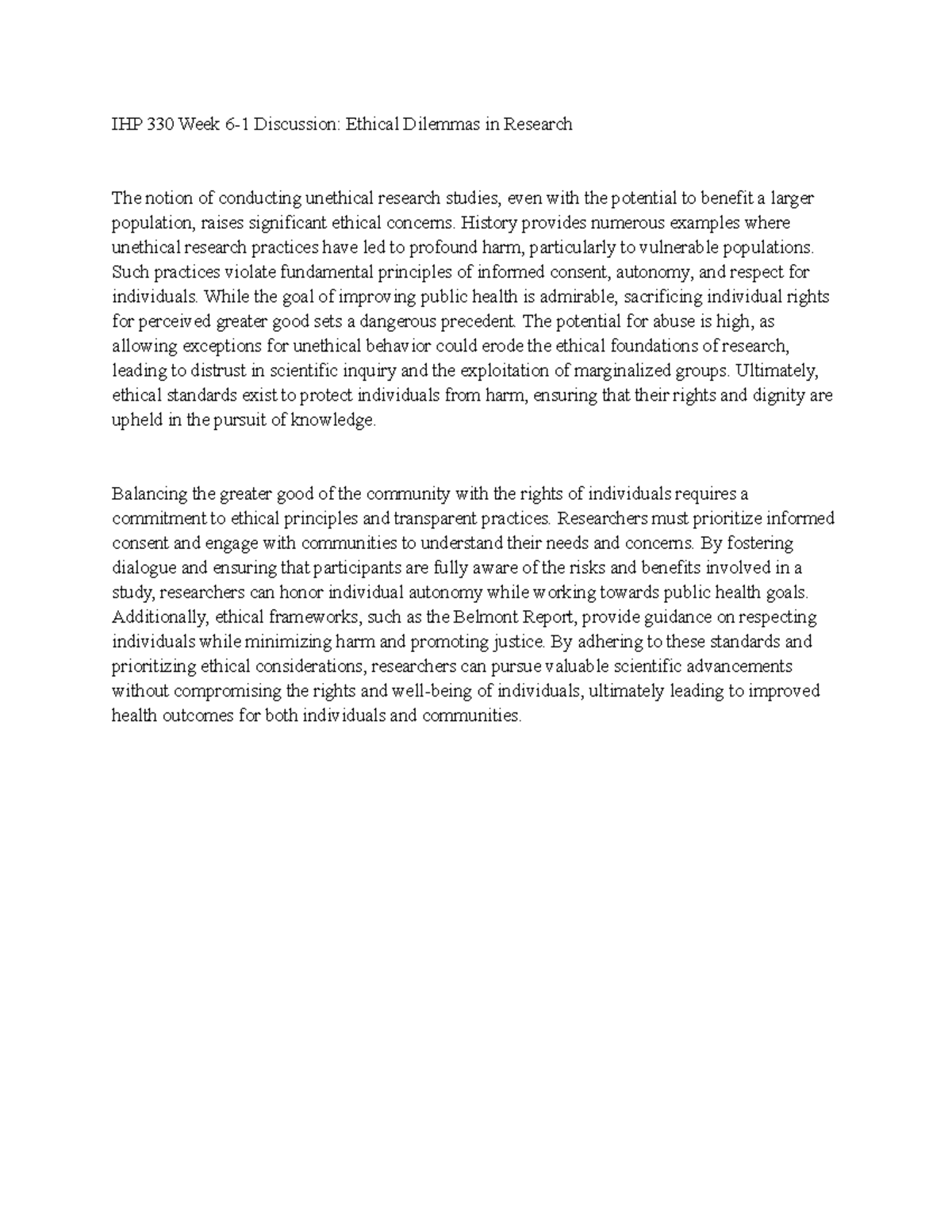 IHP 330 Week 6-1 Discussion Ethical Dilemmas in Research - History ...