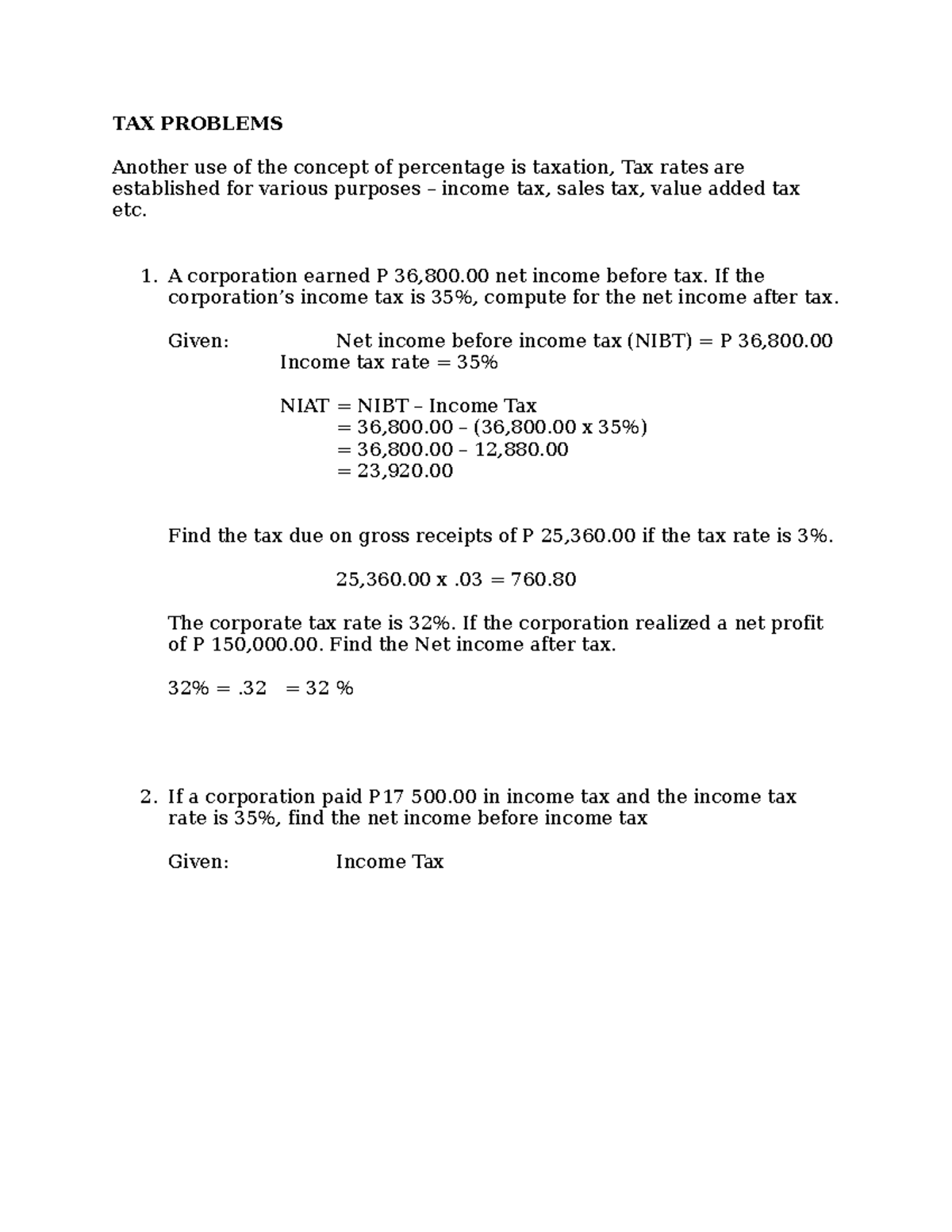 TAX- Problems - TAX PROBLEMS Another use of the concept of percentage ...