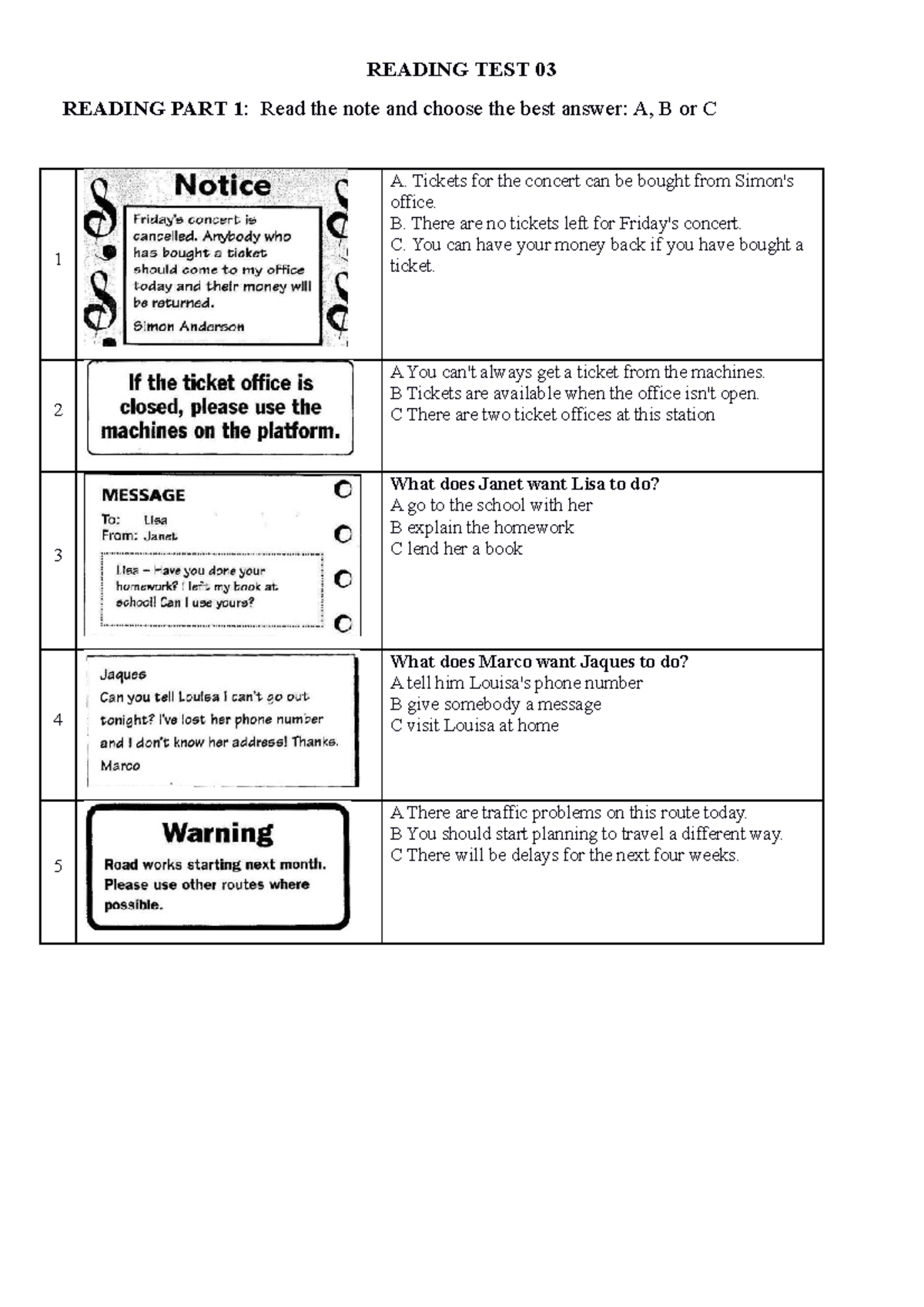 Reading TEST 2 - Practice - READING TEST 03 READING PART 1: Read the ...