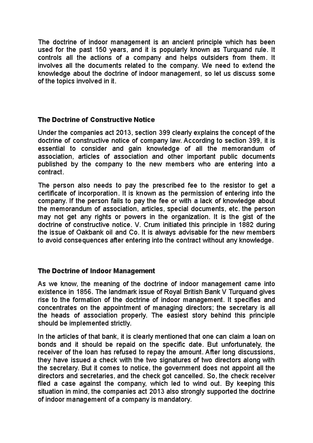 Doctrine of indoor management and constructie notice - The doctrine of ...