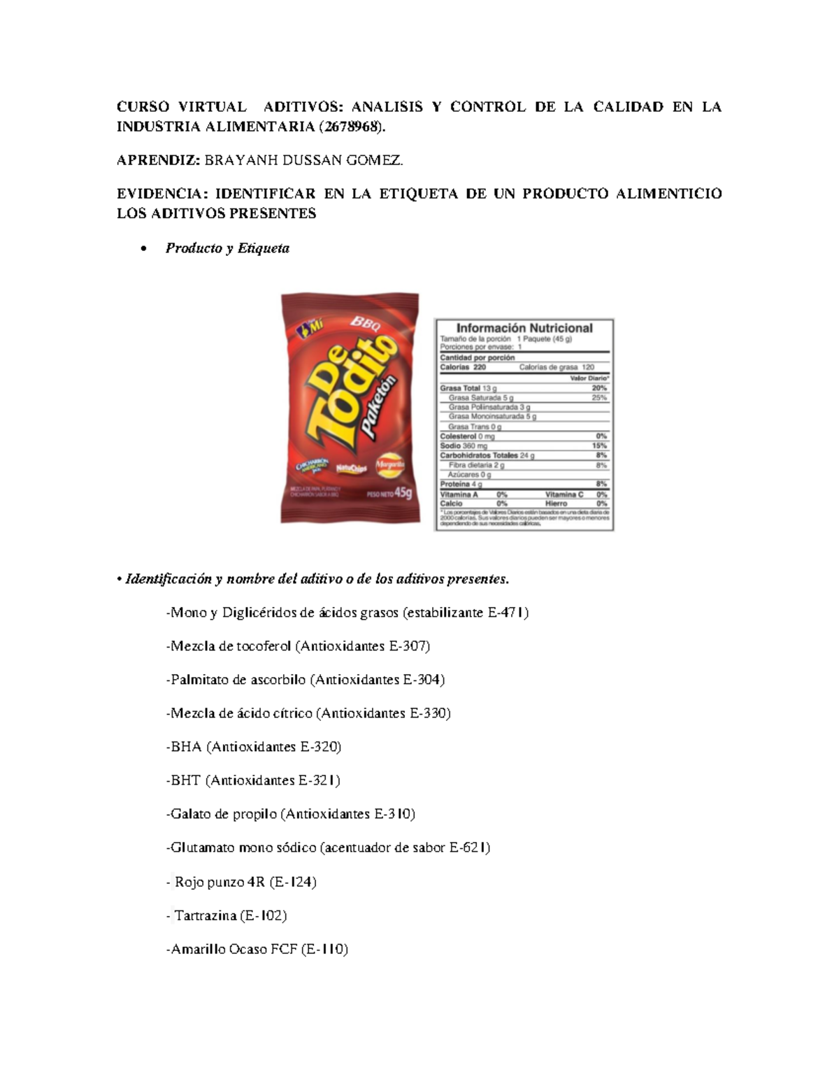 Actividad 1 Identificar aditivos en la etiqueta de un producto ...