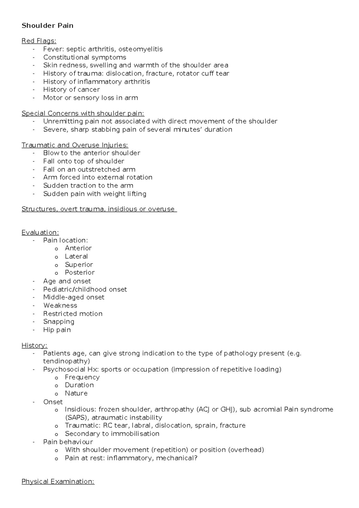different shoulder conditions, tables and differentials - Shoulder Pain ...