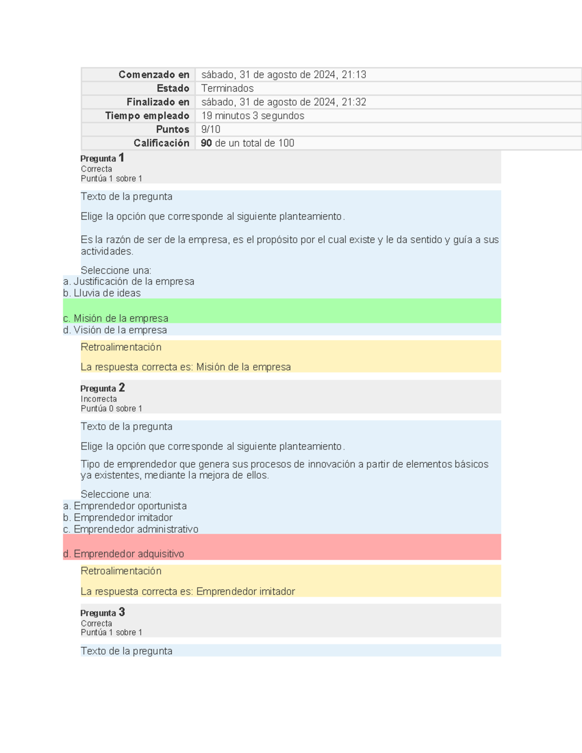Examen EA2. Perfil del emprendedor - Comenzado en sábado, 31 de agosto de 2024, 21: Estado - Studocu