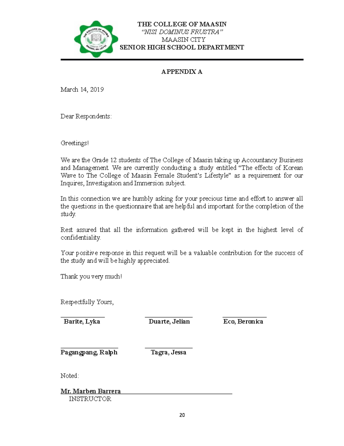 Appendix A - practical research - THE COLLEGE OF MAASIN “NISI DOMINUS ...