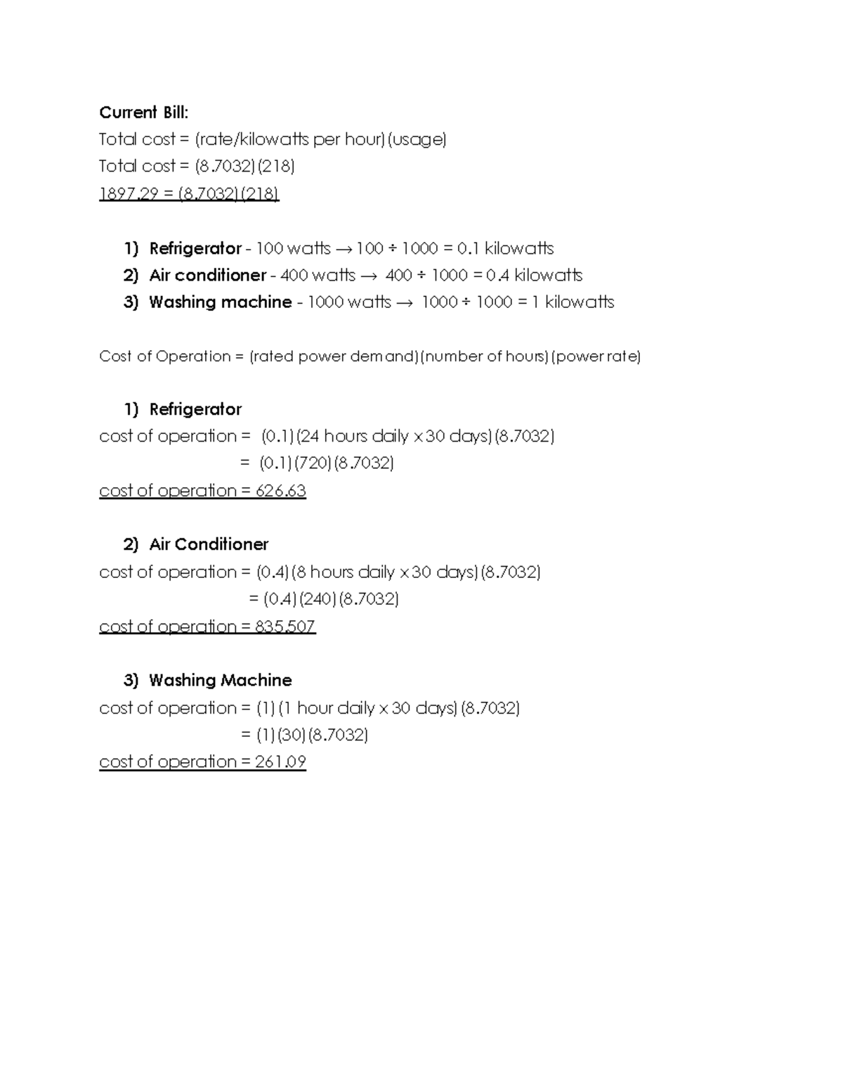 Computations - Current Bill: Total cost = (rate/kilowatts per hour ...
