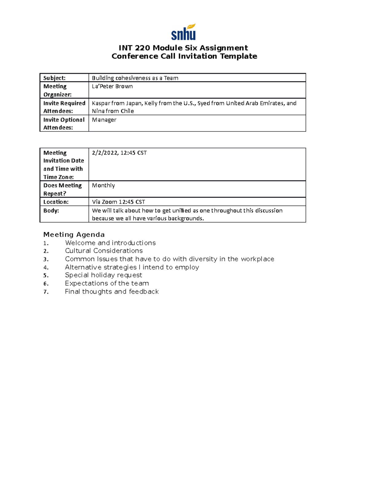 INT 220 Conference Call Invitation - INT 220 Module Six Assignment ...
