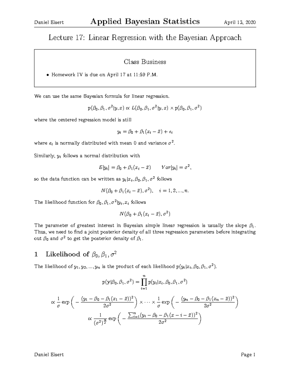 Stat 4444 Lecture 17 Linear Regression Using The Bayesian Approach Daniel Eisert Applied
