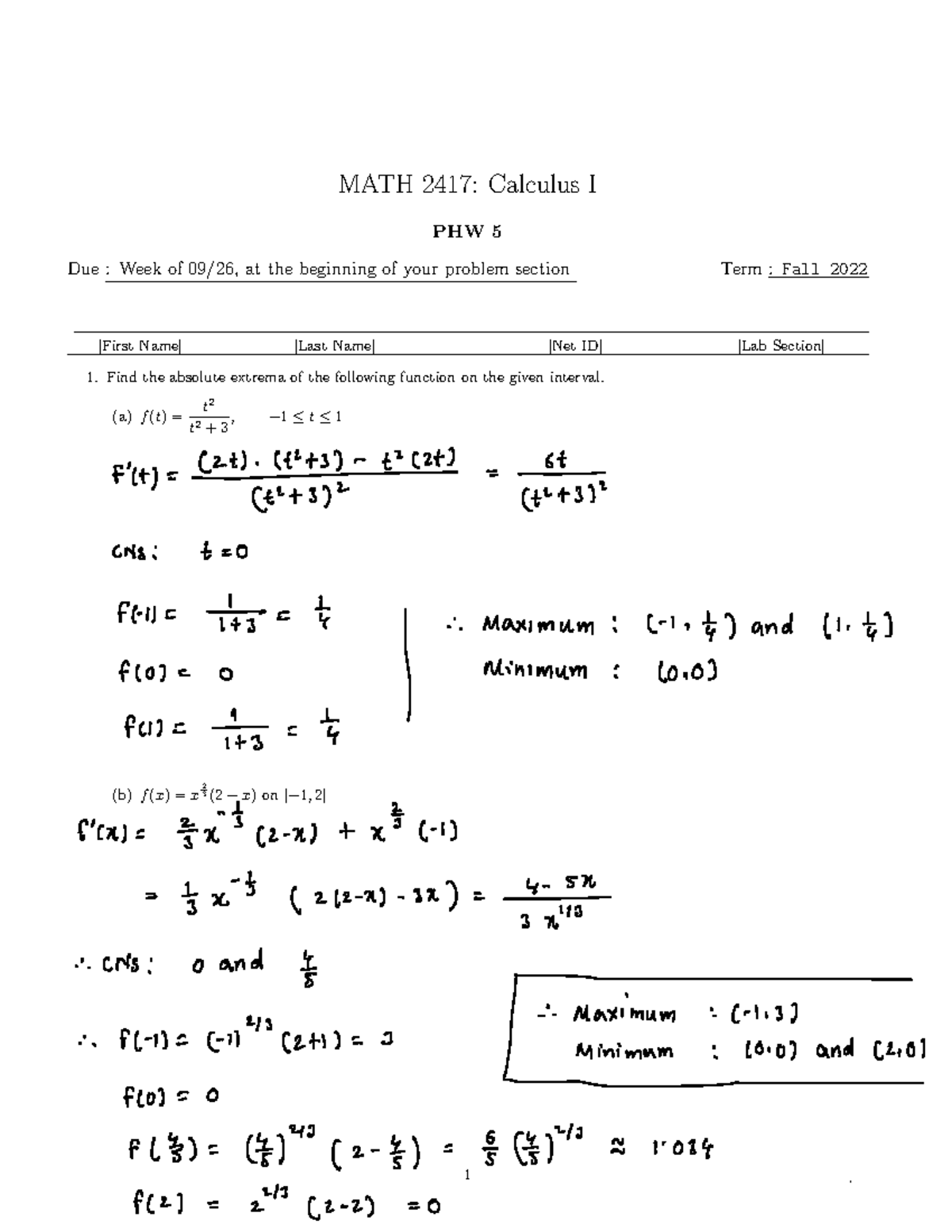 PHW 5 Solution - MATH 2417 homework answers - MATH 2417: Calculus I PHW ...