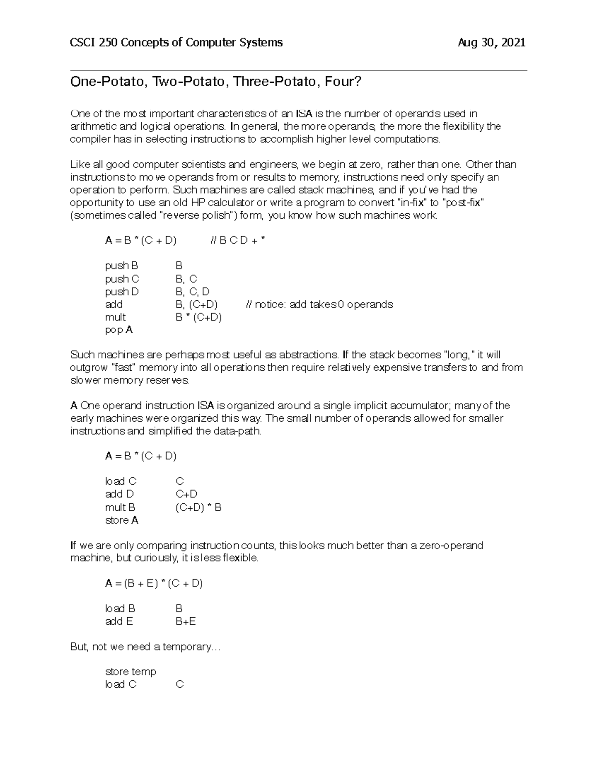 210831 - Week 2 - CSCI 250 Concepts of Computer Systems Aug 30, 2021 One-Potato, Two-Potato ...