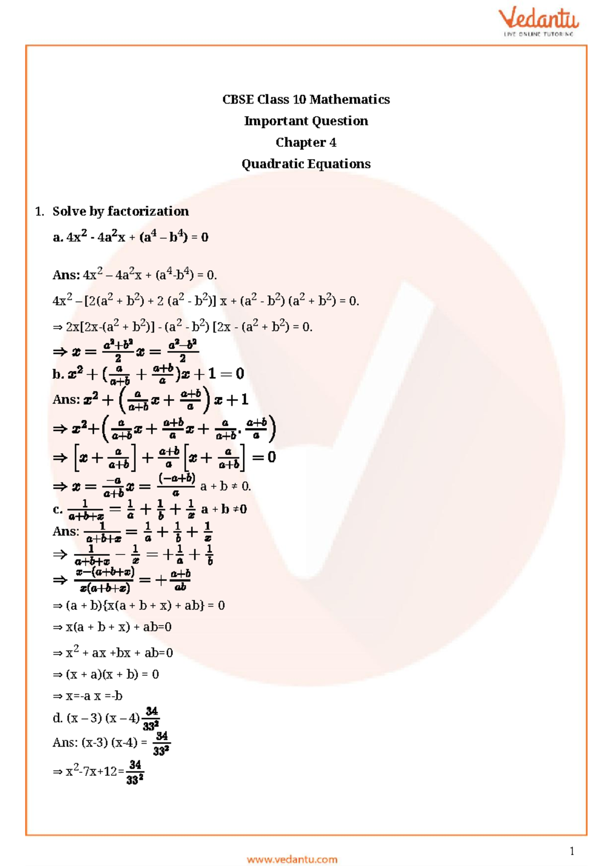 CBSE Class 10 Maths Chapter 4 Quadratic Equations Important Questions