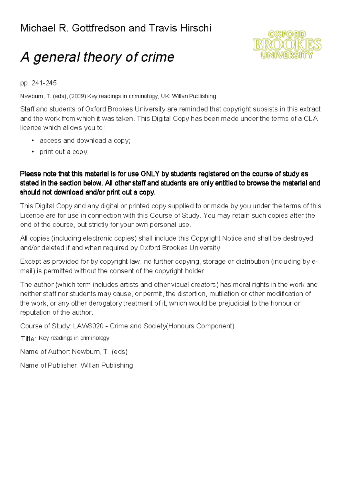 A general theory of crime - Michael R. Gottfredson and Travis Hirschi A ...