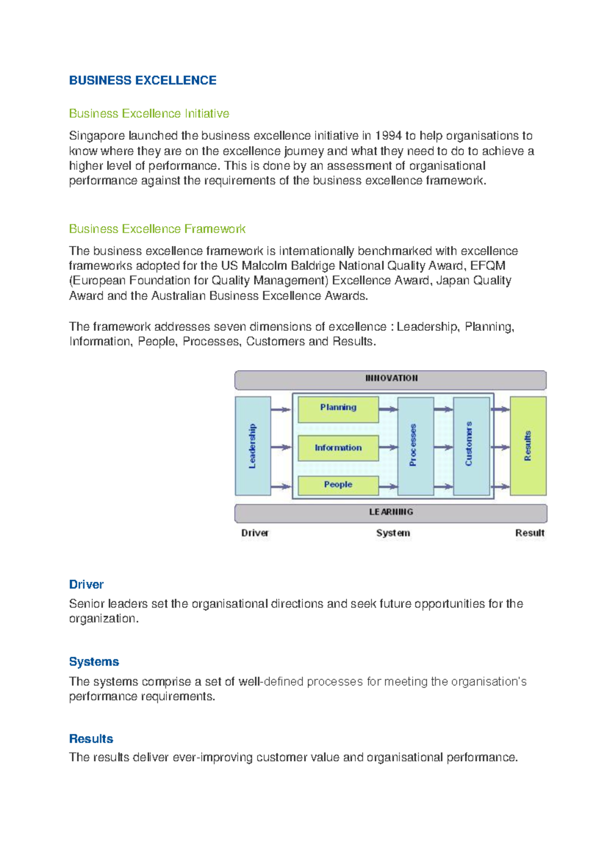 Business Excellence Framework - BUSINESS EXCELLENCE Business Excellence ...
