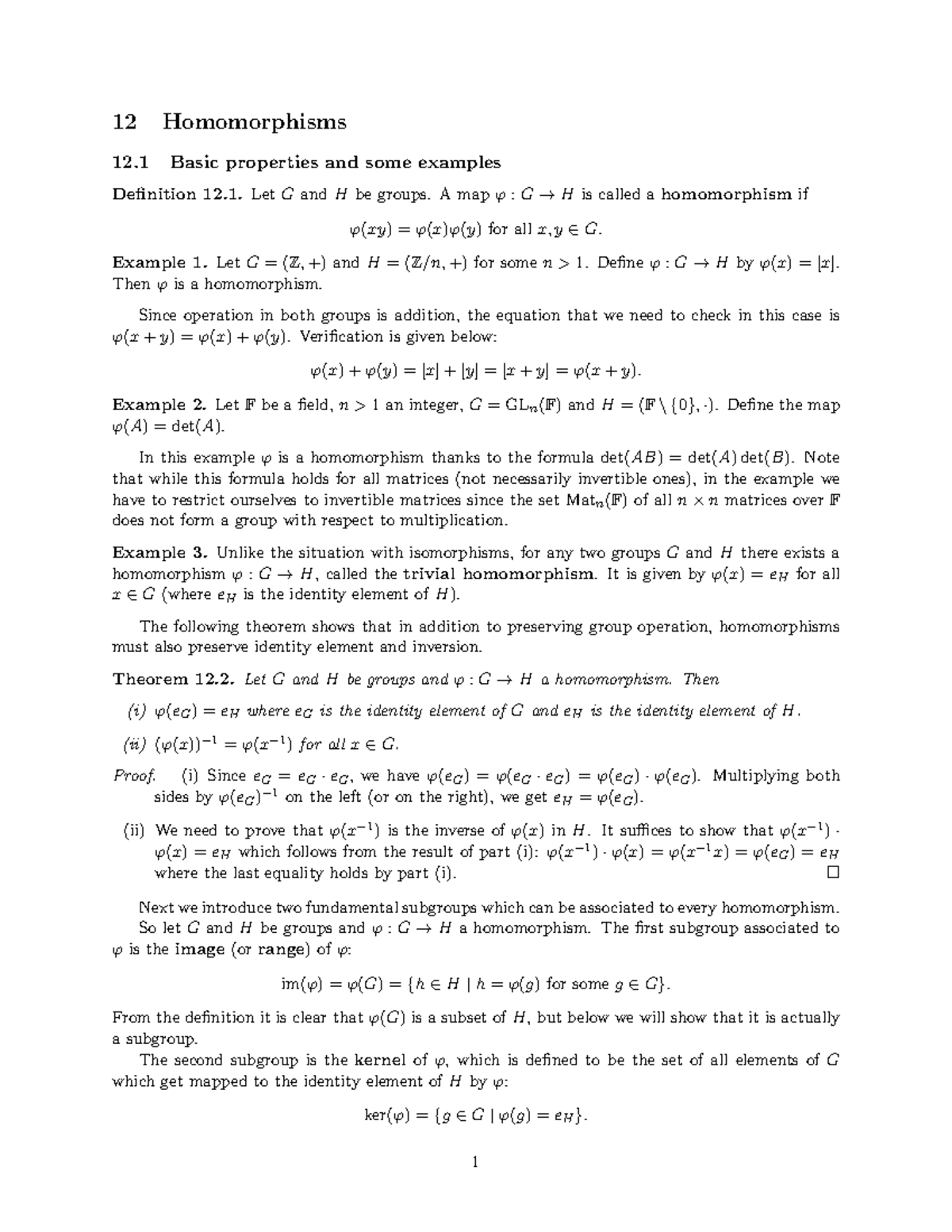 Lecture 12 - Class Notes - 12 Homomorphisms 12 Basic properties and ...