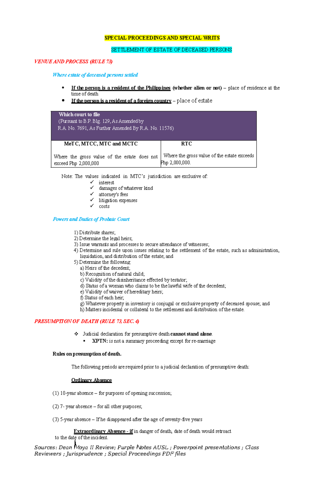 Special-Proceedings - notes - SPECIAL PROCEEDINGS AND SPECIAL WRITS ...