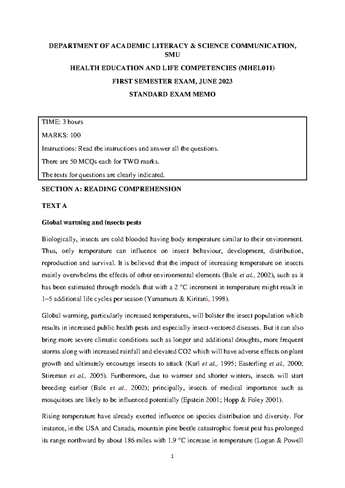 MHEL011 2023 EXAM - Helps - DEPARTMENT OF ACADEMIC LITERACY & SCIENCE ...