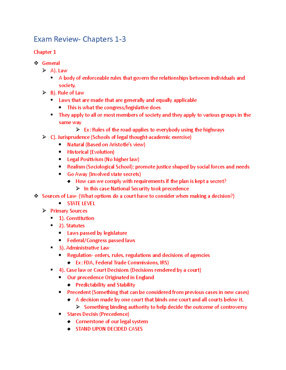 Exam Review Chapters 1-3 - Exam Review- Chapters 1-3 Chapter 1 General ...