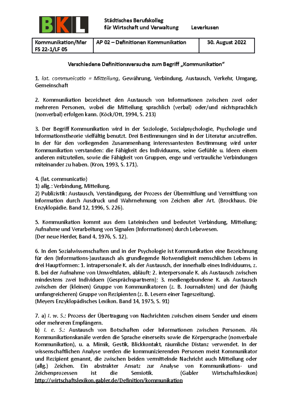 AP 02 - verschiedene Definitionen des Begriffs Kommunikation 2 ...