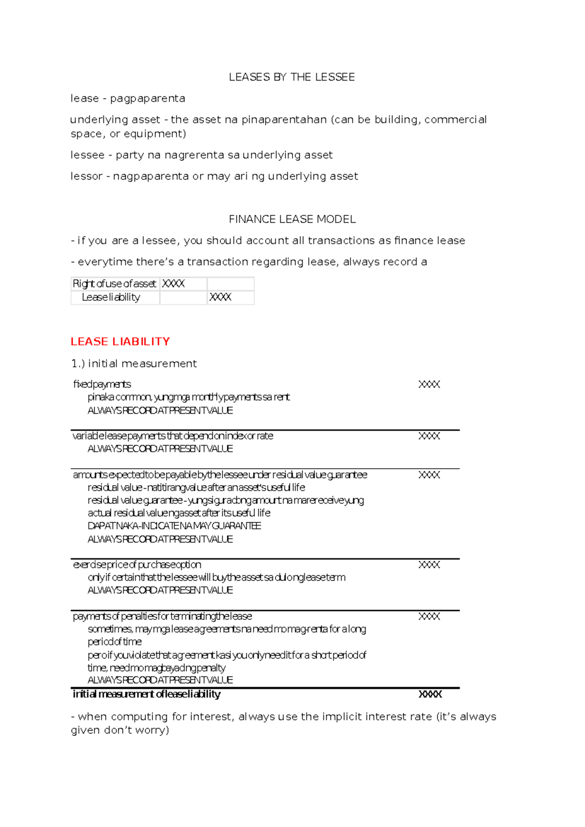 Leases BY THE Lessee - Finance Lease Model - LEASES BY THE LESSEE lease ...