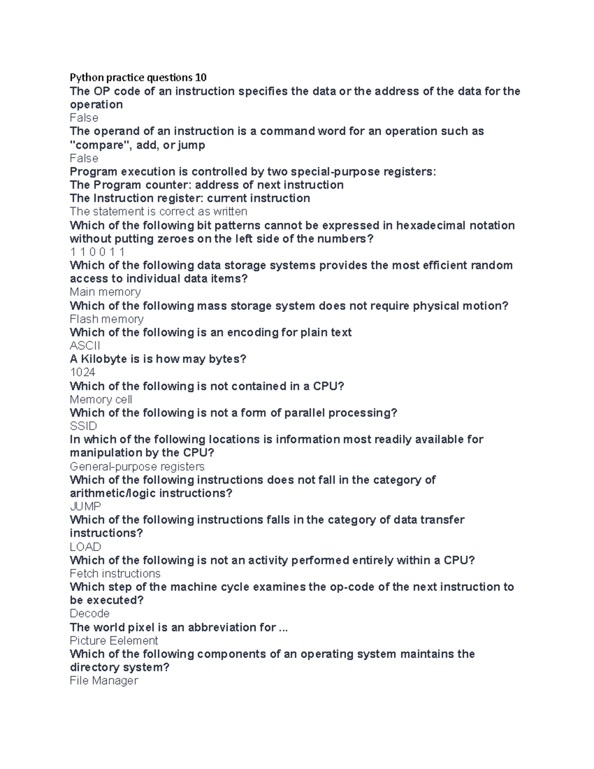 Python Practice Questions 10 Picture Eelement Which Of The Following Components Of An
