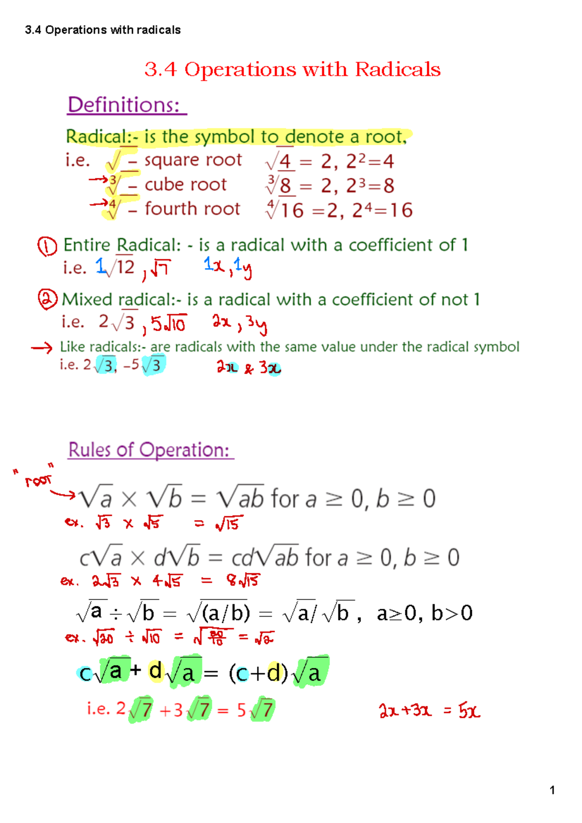 3.4 Solution Operations with radicals - 3 Operations with Radicals √a ÷ ...
