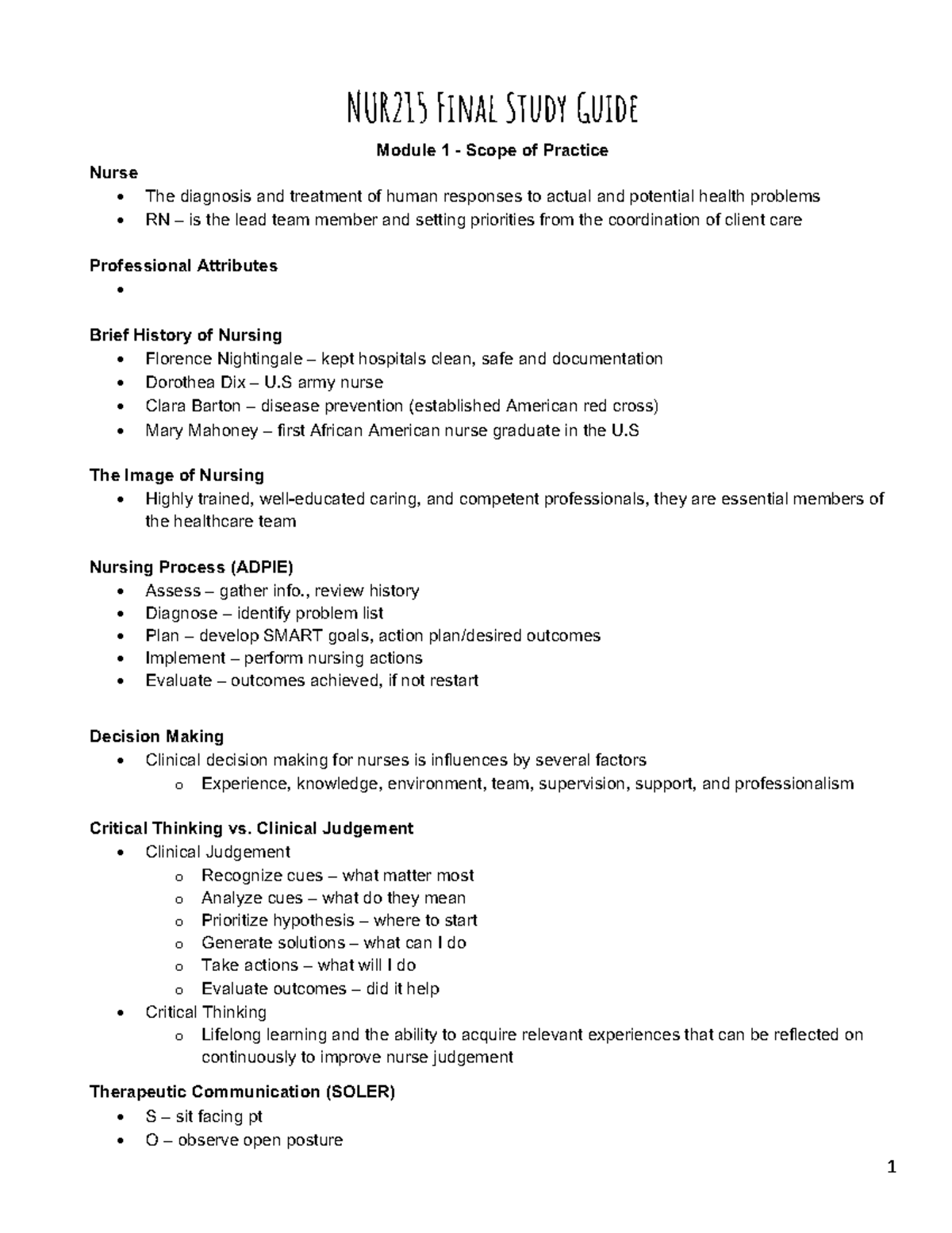 NUR215 Final Study Guide - NUR215 Final Study Guide Module 1 - Scope of ...