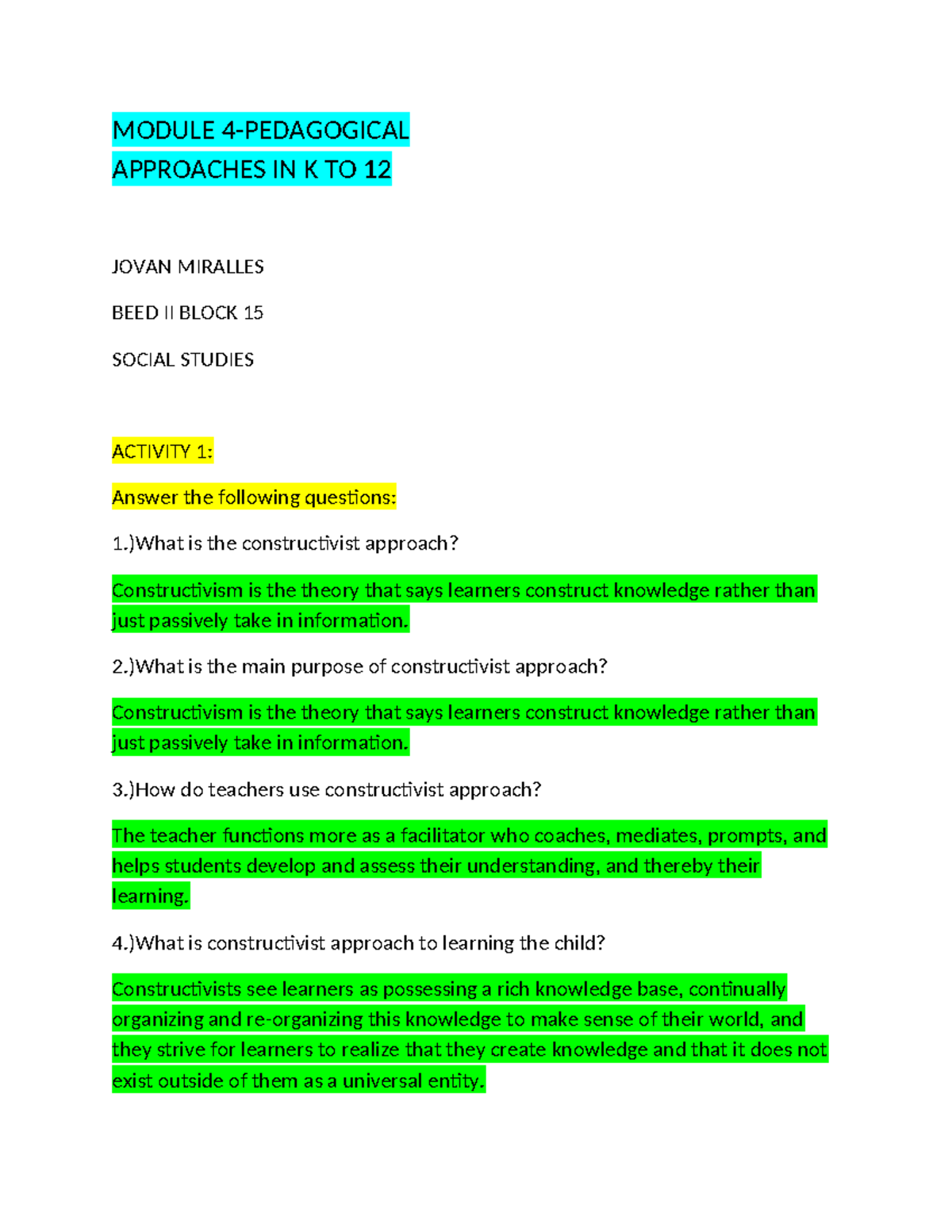 Module 4- Pedagogical Approaches IN K TO 12 - MODULE 4-PEDAGOGICAL ...