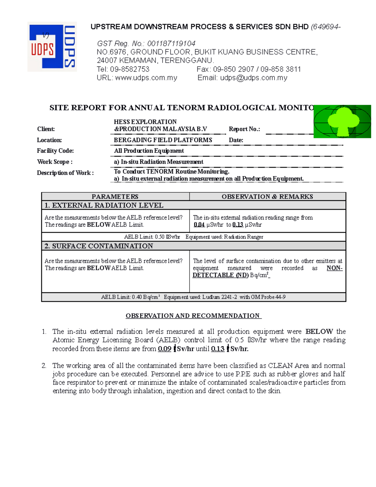 Onsite Report Bergading - V) GST Reg. No.: 001187119104 NO, GROUND ...