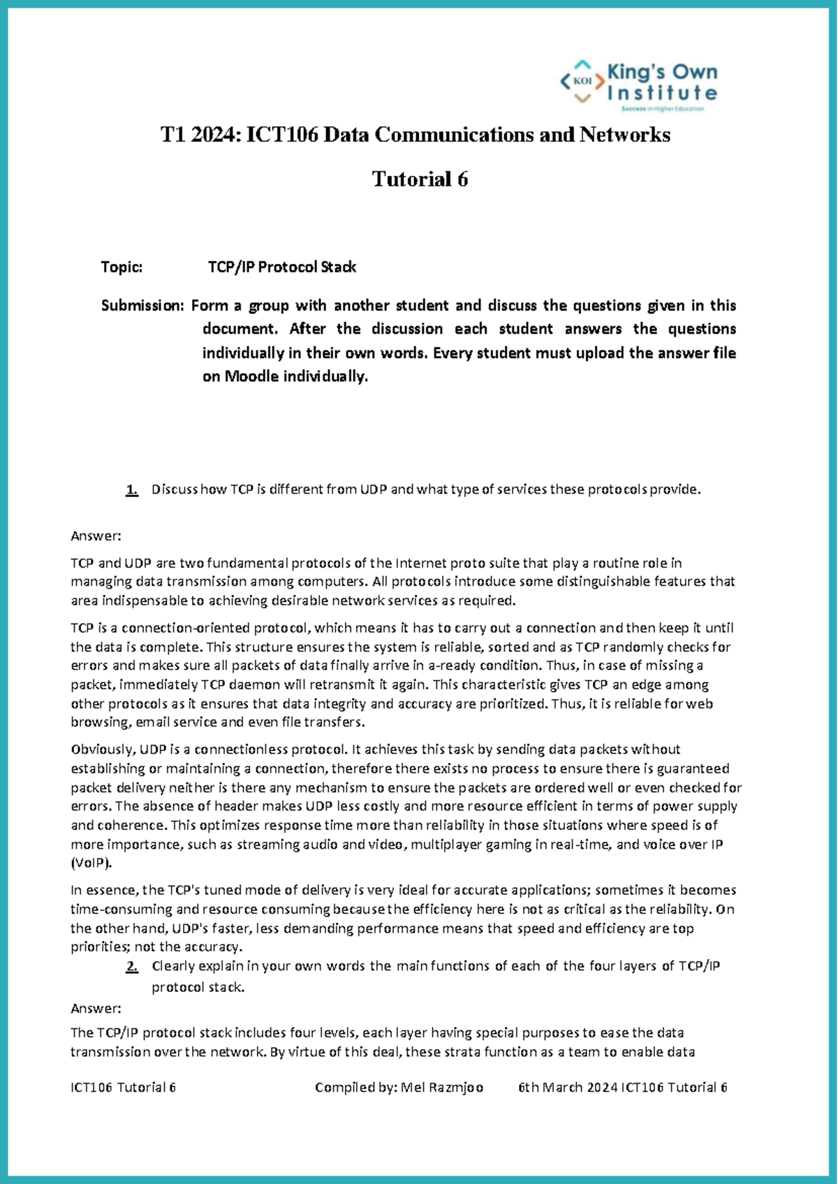 Tutorial 6Project - ICT106 Tutorial 6 Compiled by: Mel Razmjoo 6th March 2024 ICT106 Tutorial 6 ...