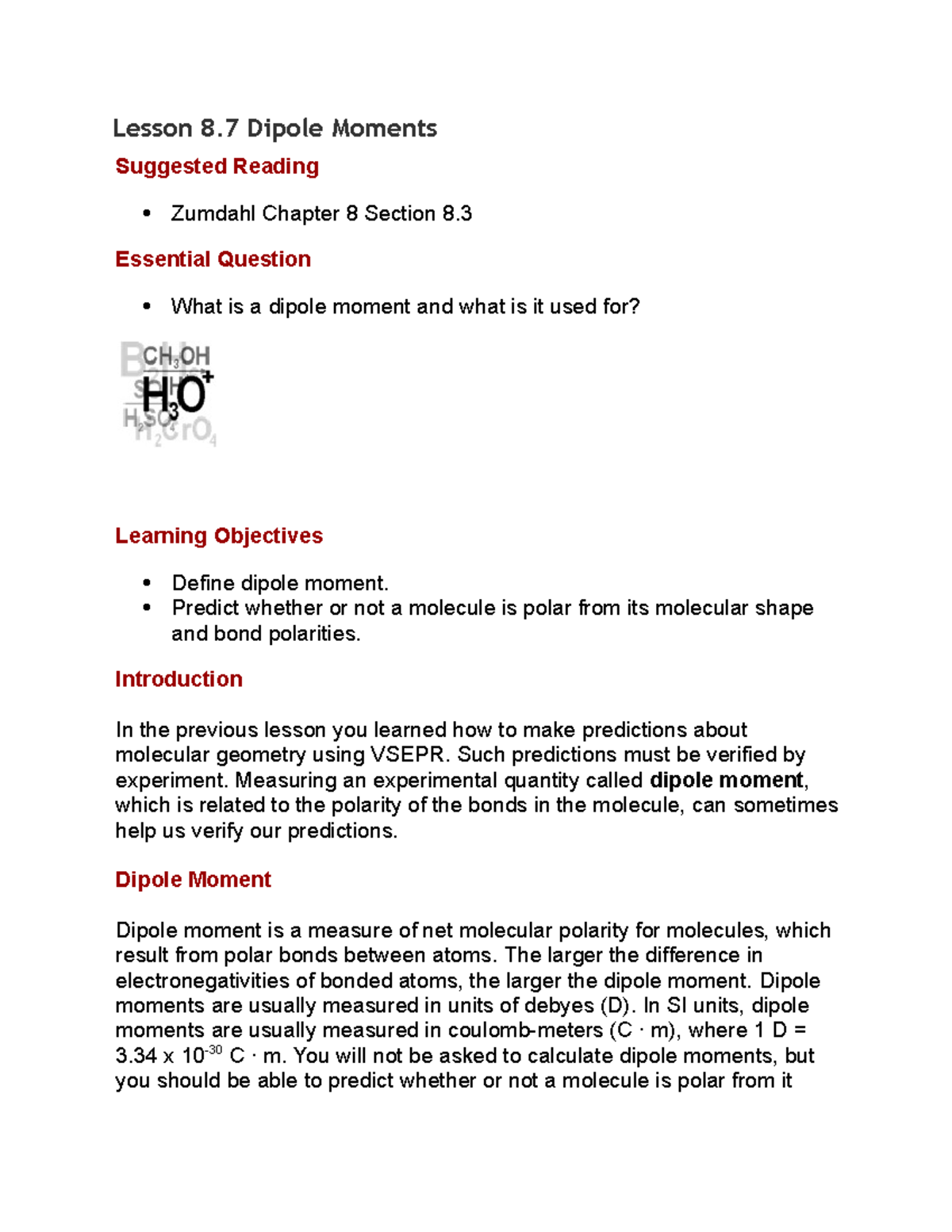 Lesson 8.7dipole moments, extra notes, document - Lesson 8 Dipole ...