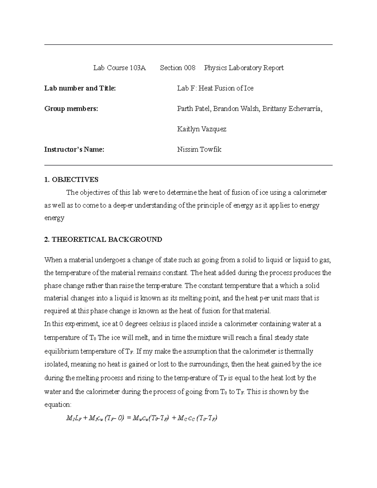 Lab F - Physics Lab F - Lab Course 103A Section 008 Physics Laboratory ...