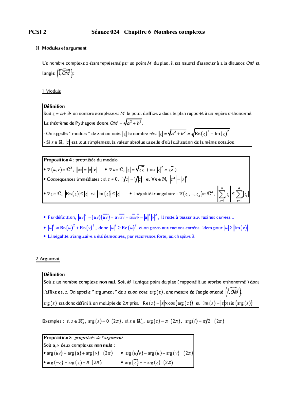 Nombres complexes/Module et arguments - PCSI 2 Séance 024 Chapitre 6 ...