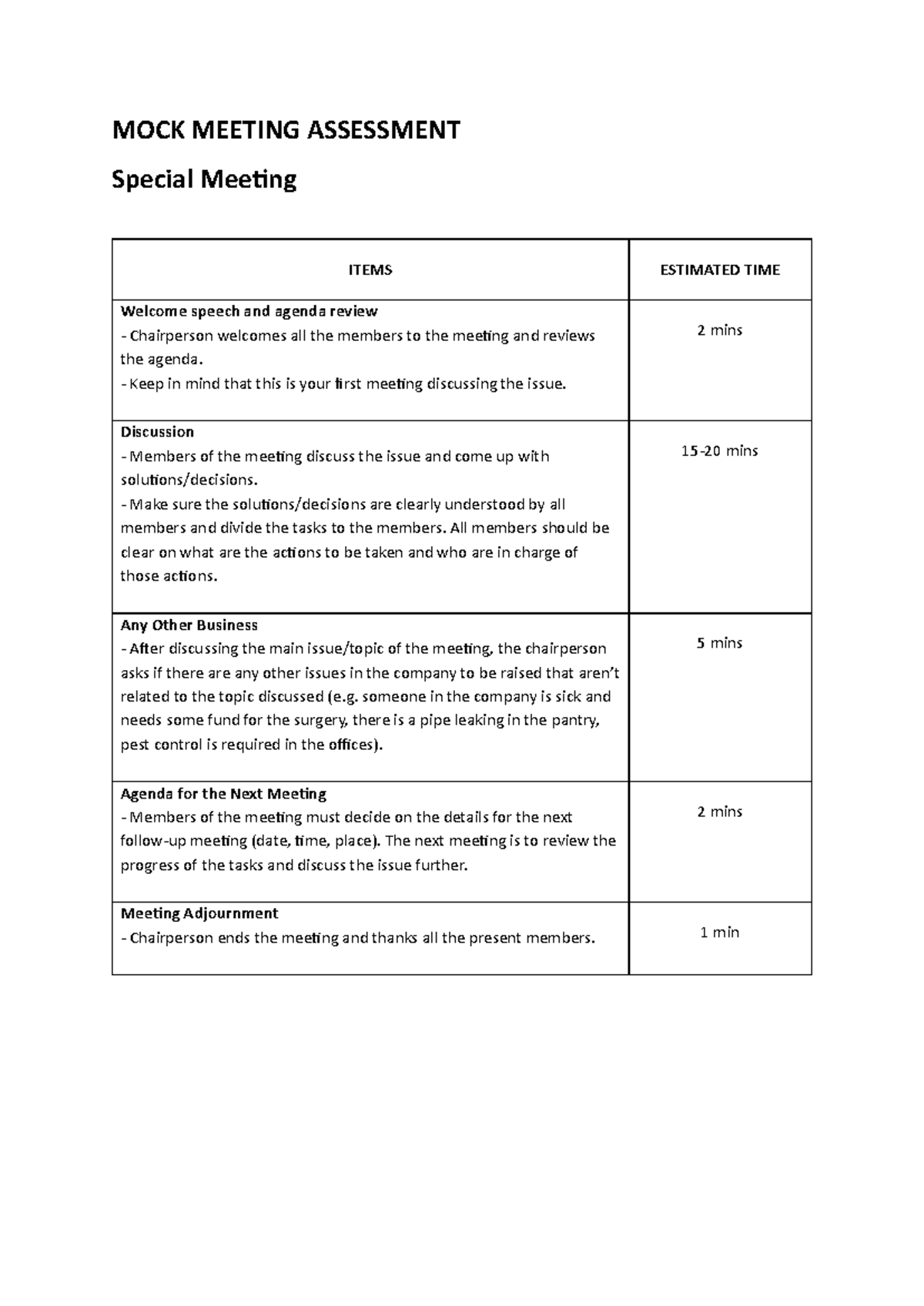 MOCK Meeting FLOW - MOCK MEETING ASSESSMENT Special Meeting ITEMS ...
