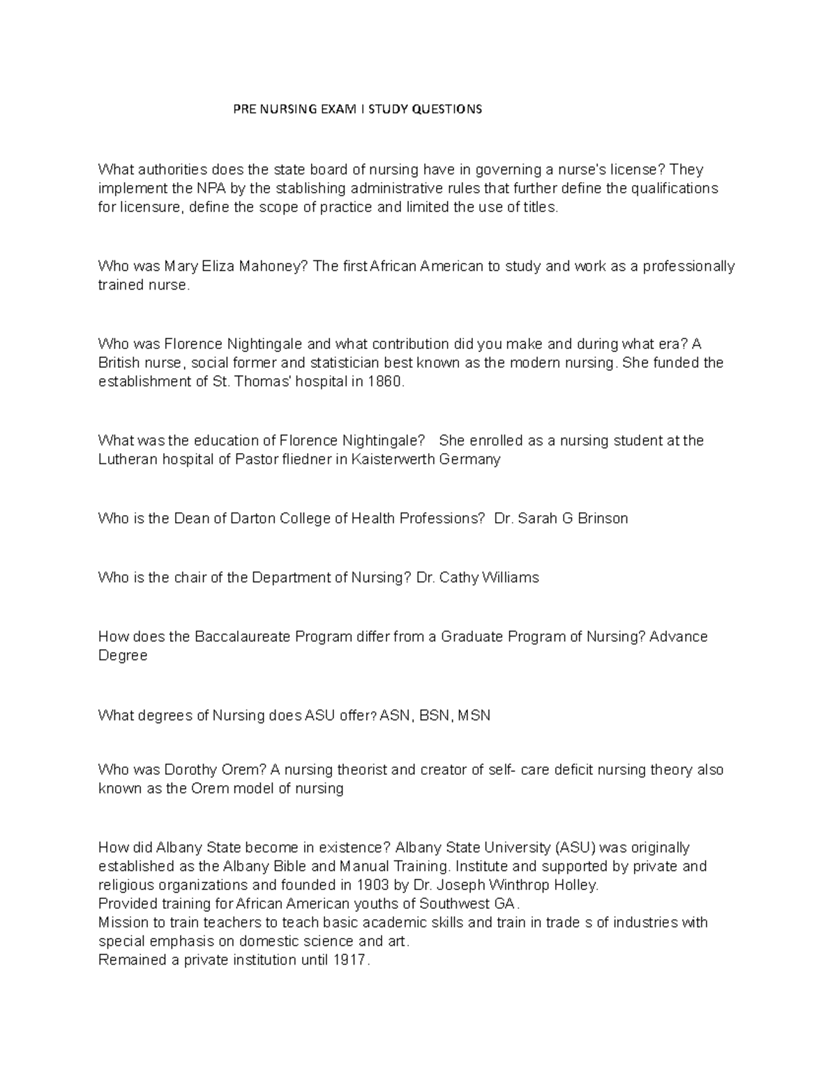 Pres Nursing Exam I study questions(final) - PRE NURSING EXAM I STUDY ...