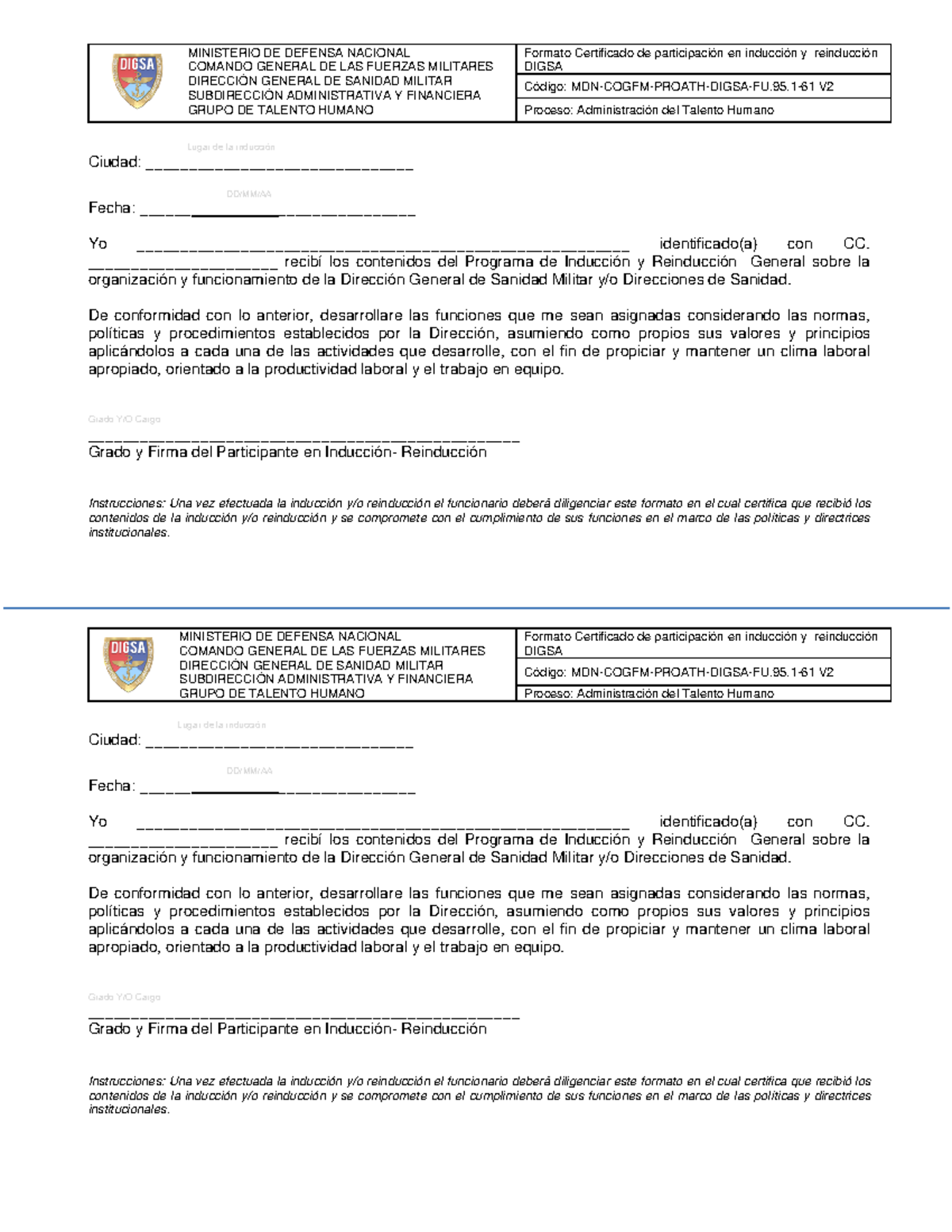 Formato certificado de induccion y reinduccion digsa - MINISTERIO DE ...