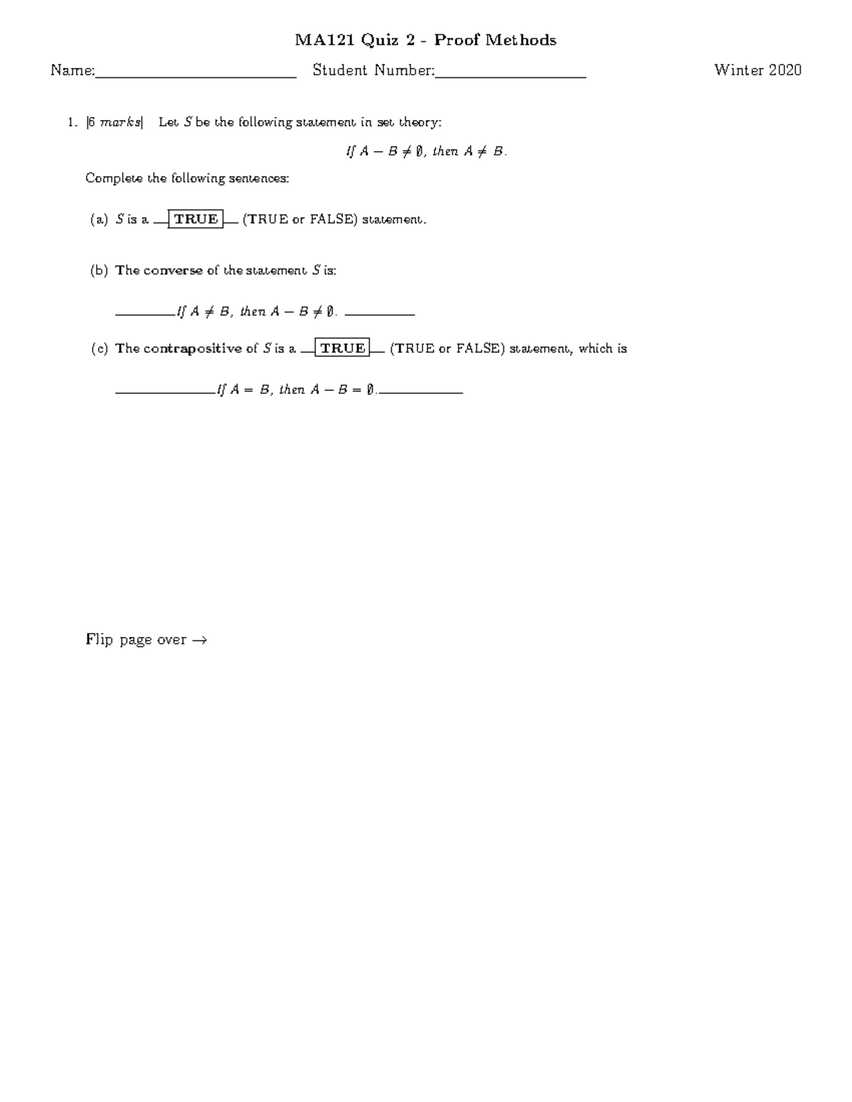 Lab 2 - Lab - MA121 Quiz 2 - Proof Methods Name: Student Number: Winter ...