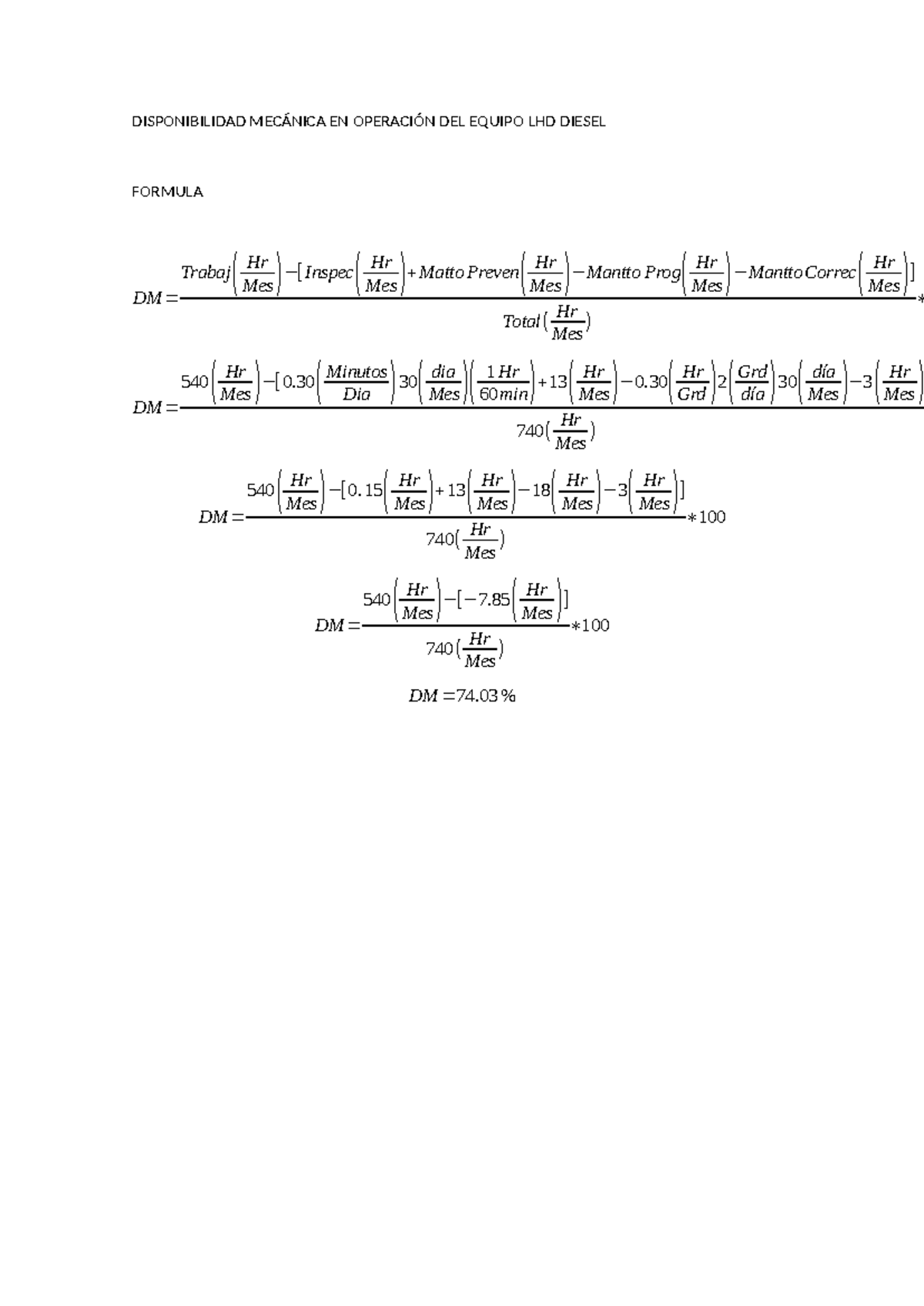 Formula - DISPONIBILIDAD MECÁNICA EN OPERACIÓN DEL EQUIPO LHD DIESEL ...