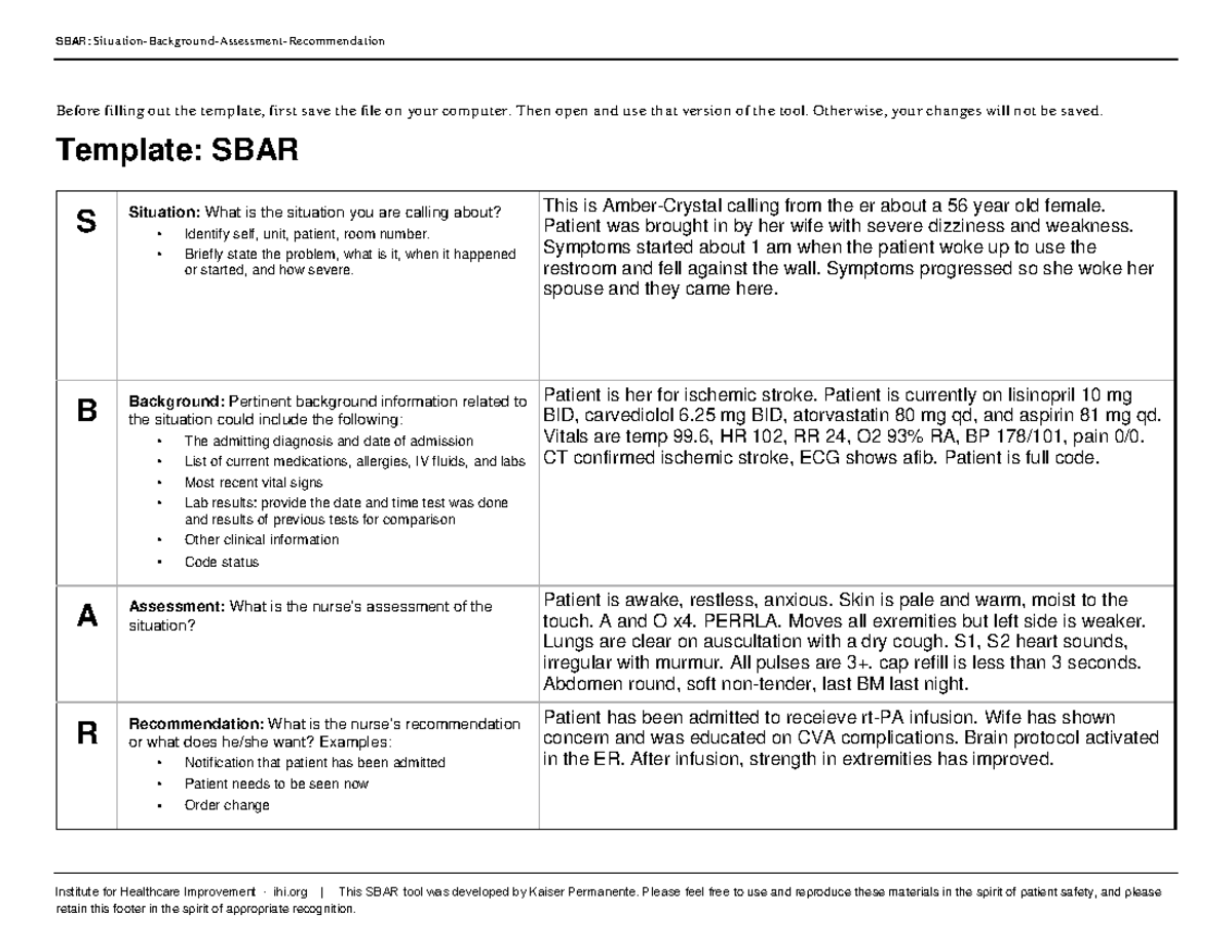 SBAR template Stroke - SBAR: Situation-Background-Assessment ...