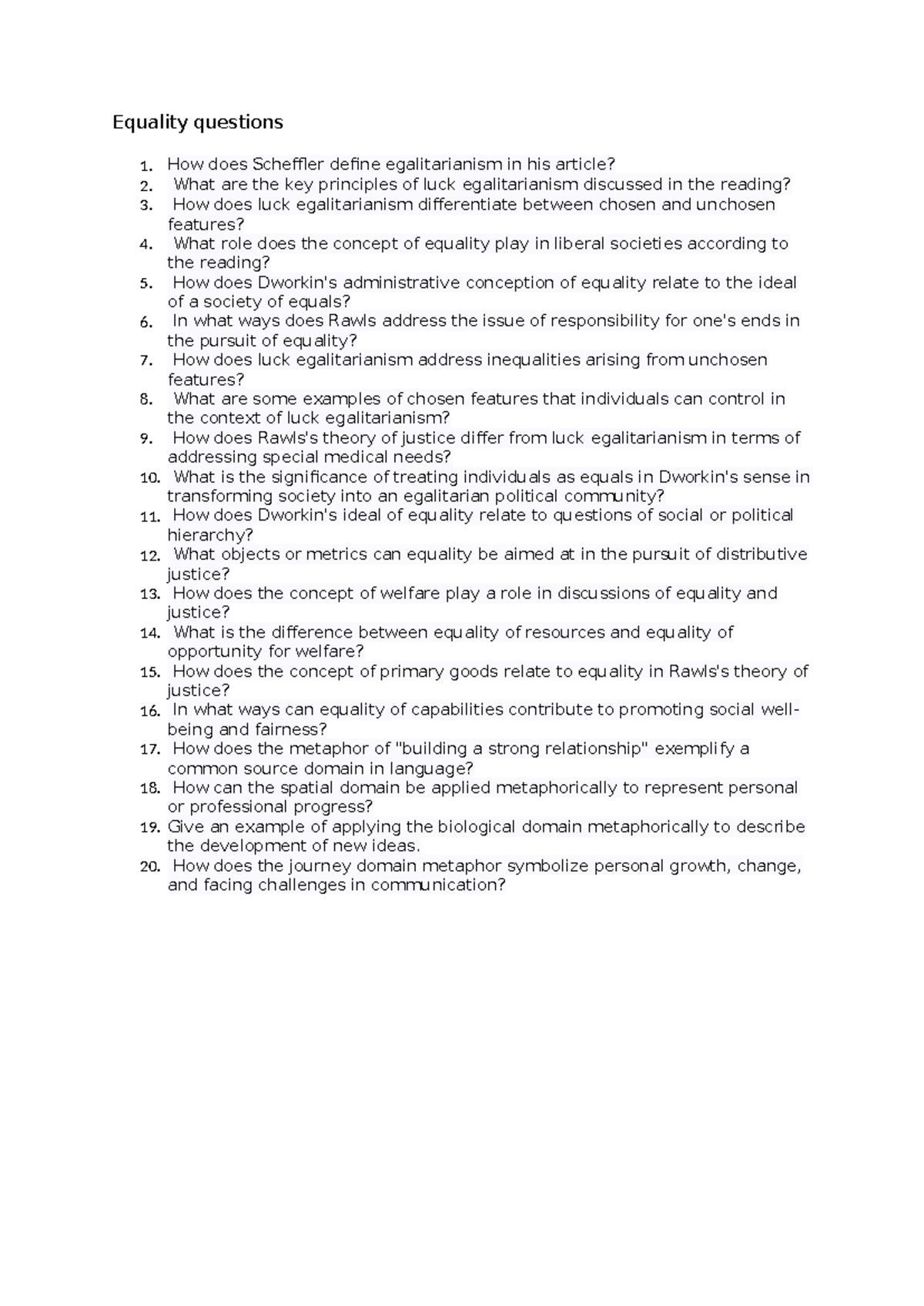 Political philosophy equality questions - Equality questions 1. How does Scheffler define - Studocu