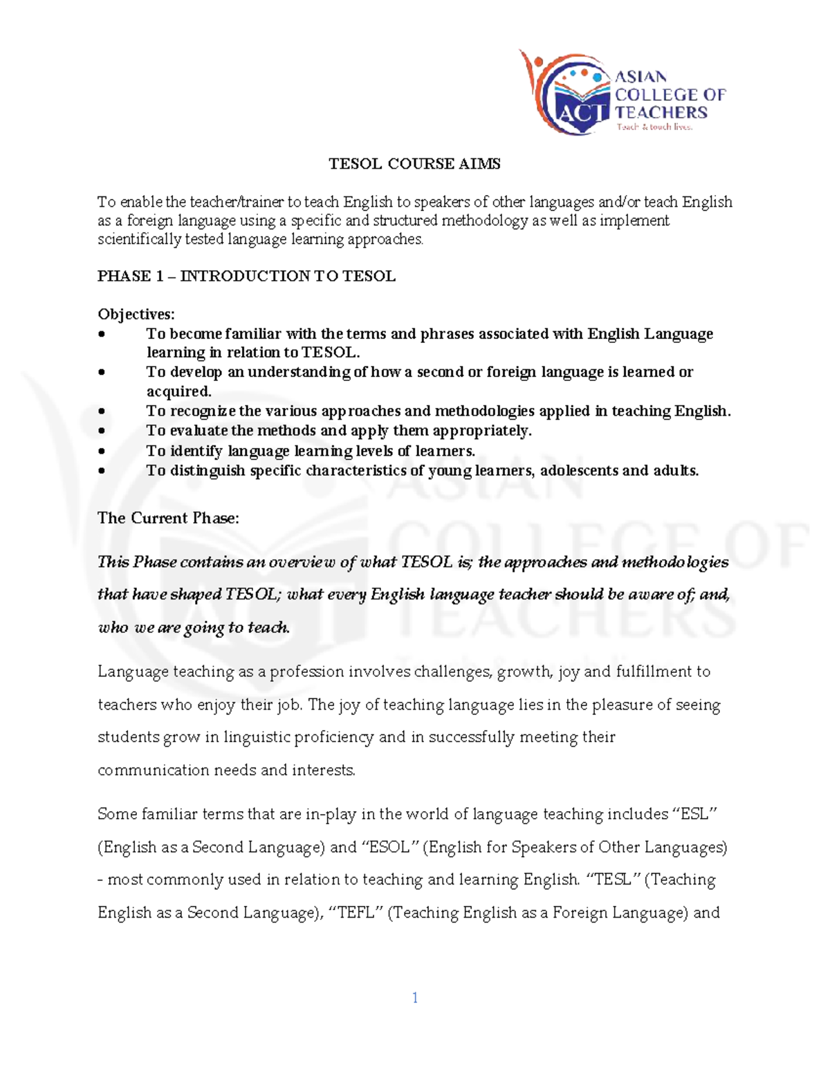 Module 1 printable - TEFL Material - TESOL COURSE AIMS To enable the ...