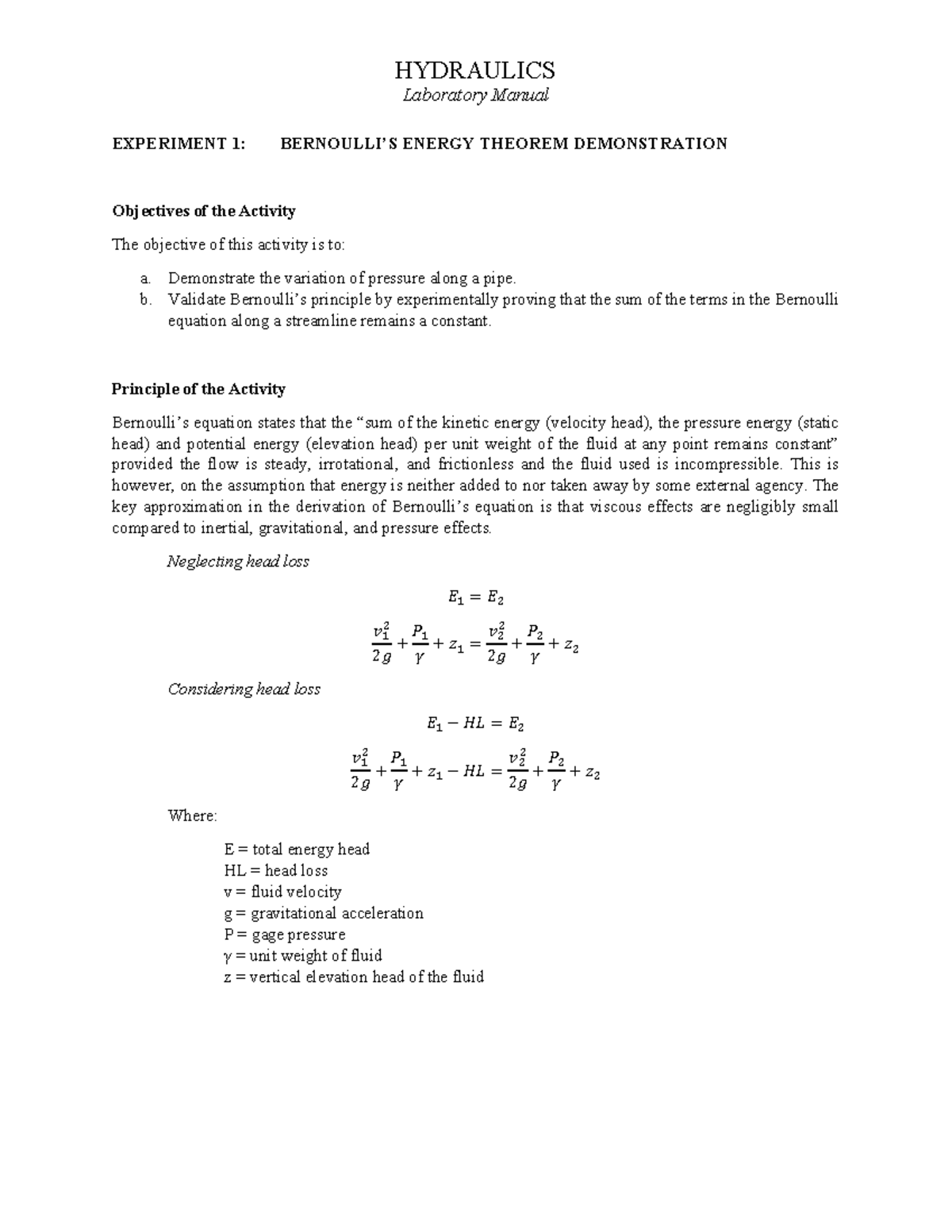 Laboratory 1 Bernoullis Energy Theorem - HYDRAULICS Laboratory Manual ...