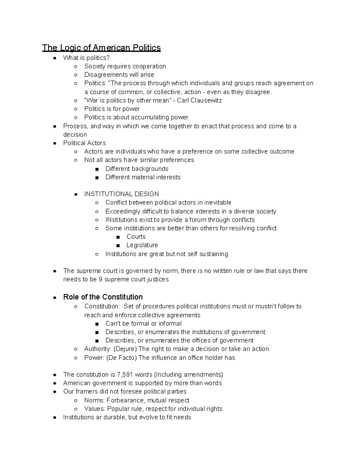 PSCI 201 Notes - Google Docs - The Logic of American Politics What is ...