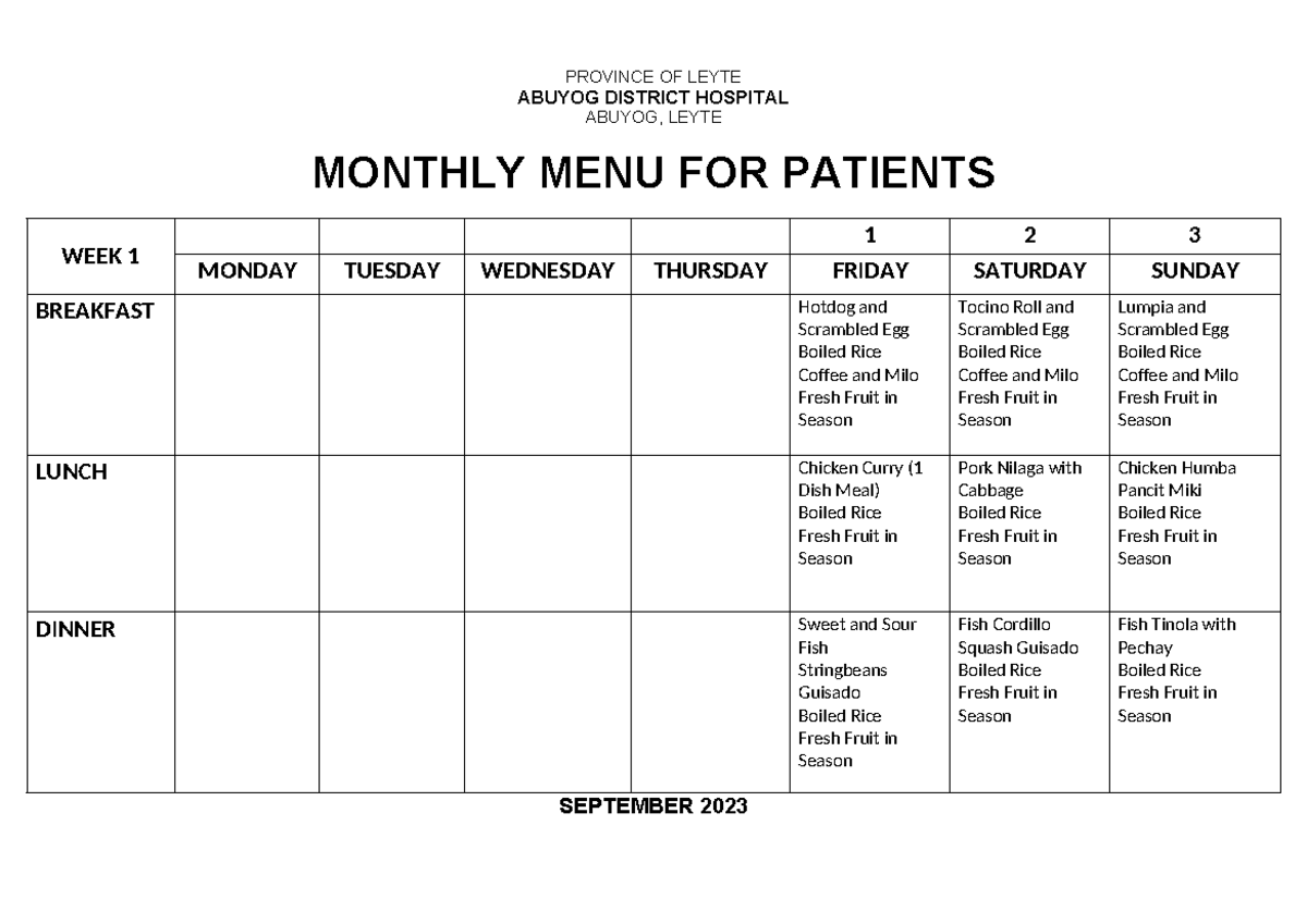 Monthly Menu for Patients - PROVINCE OF LEYTE ABUYOG DISTRICT HOSPITAL ...
