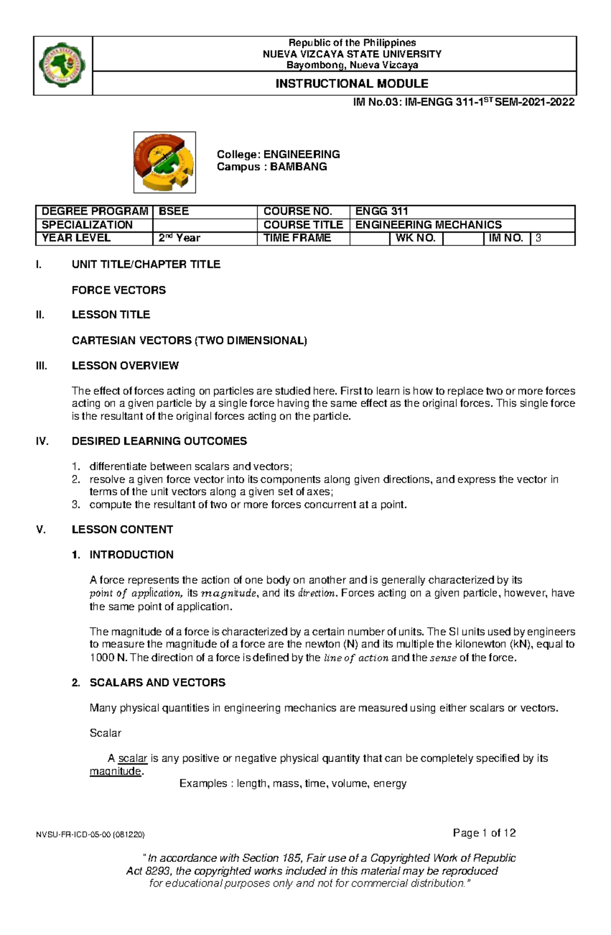 IM3 Engineering Mechanics - IM No: IM-ENGG 311-1ST SEM-2021- NVSU-FR ...