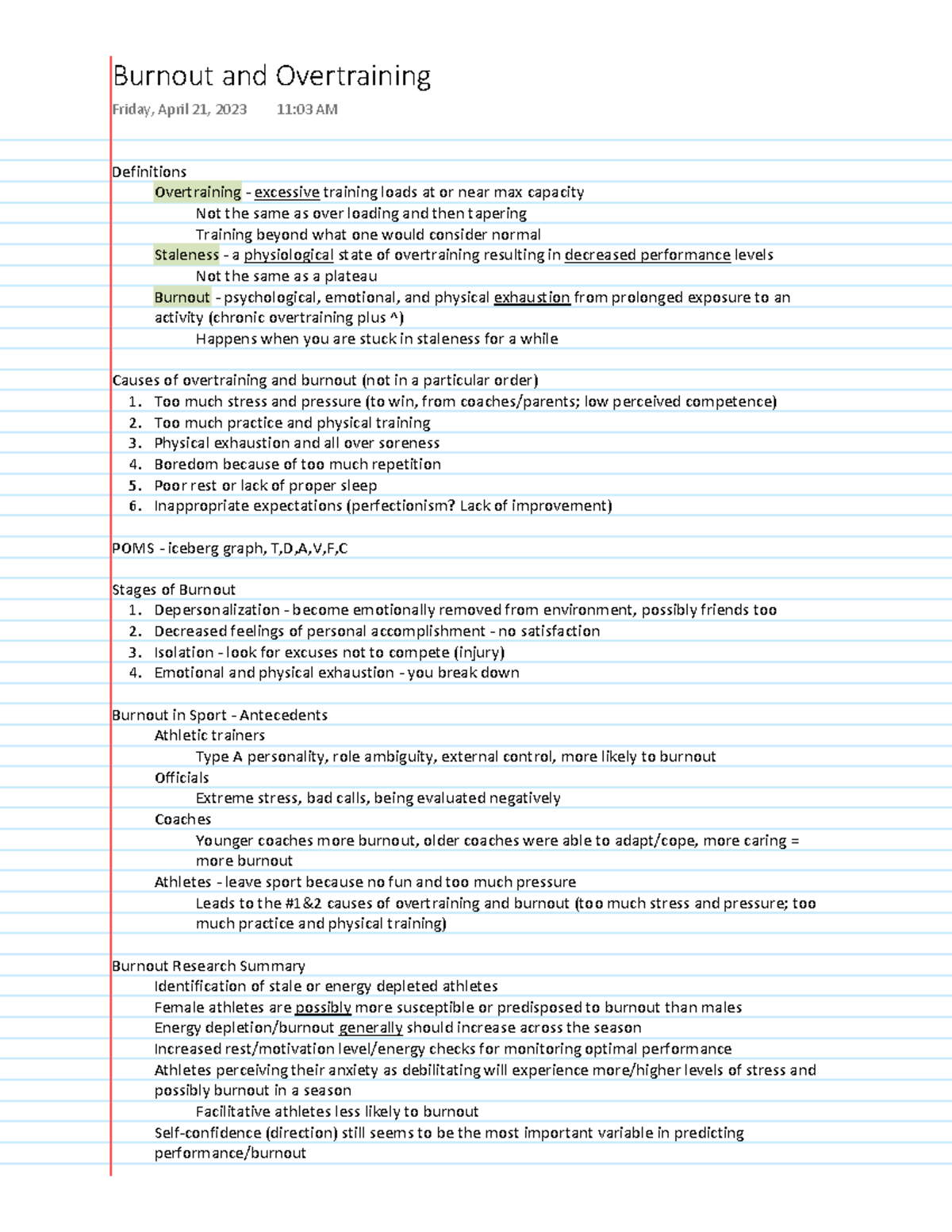 Burnout and Overtraining Notes - Definitions Overtraining - excessive ...